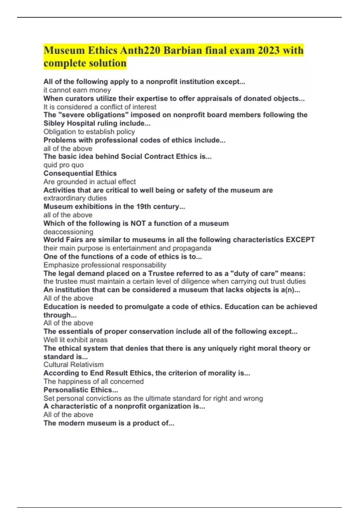 Museum Ethics Anth220 Barbian final exam 2023 with complete solution ...