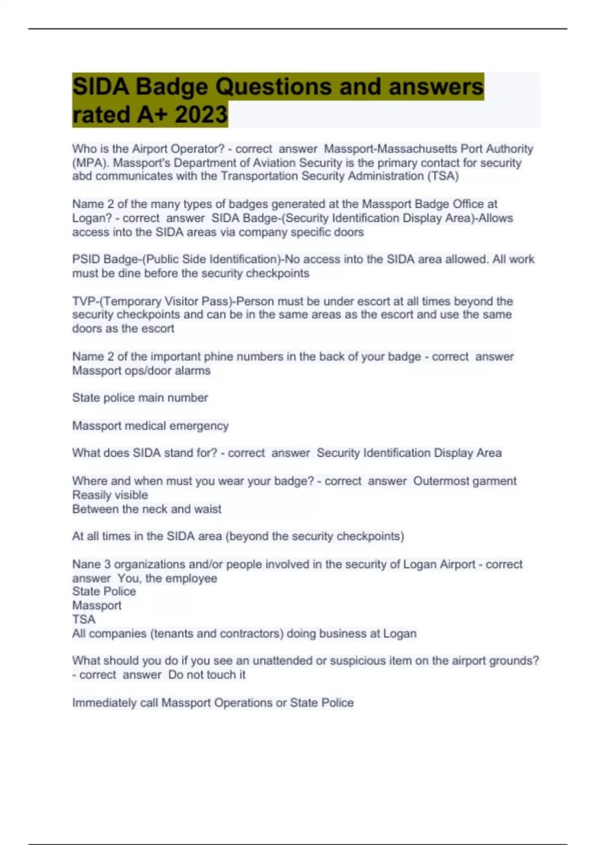 SIDA Badge Questions and answers rated A+ 2023 - SIDA Badge - Stuvia US