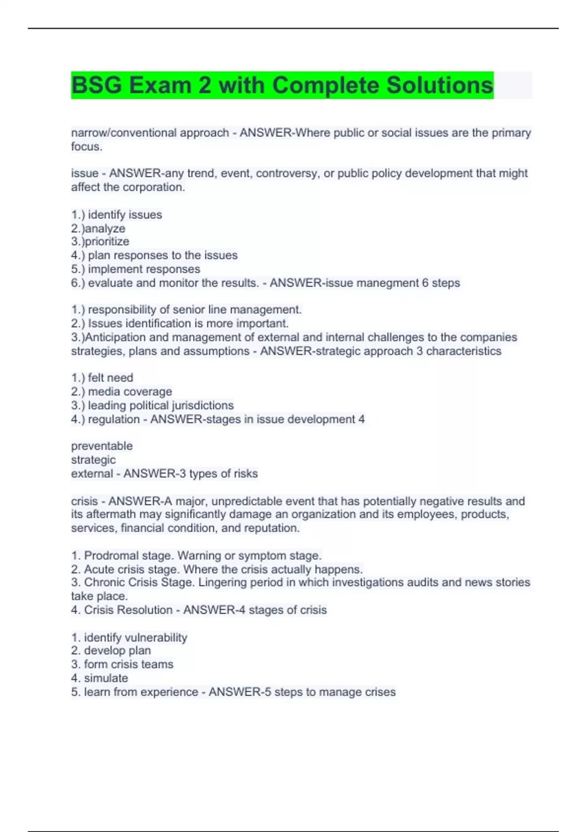 BSG Exam 2 with Complete Solutions - BSG - Stuvia US