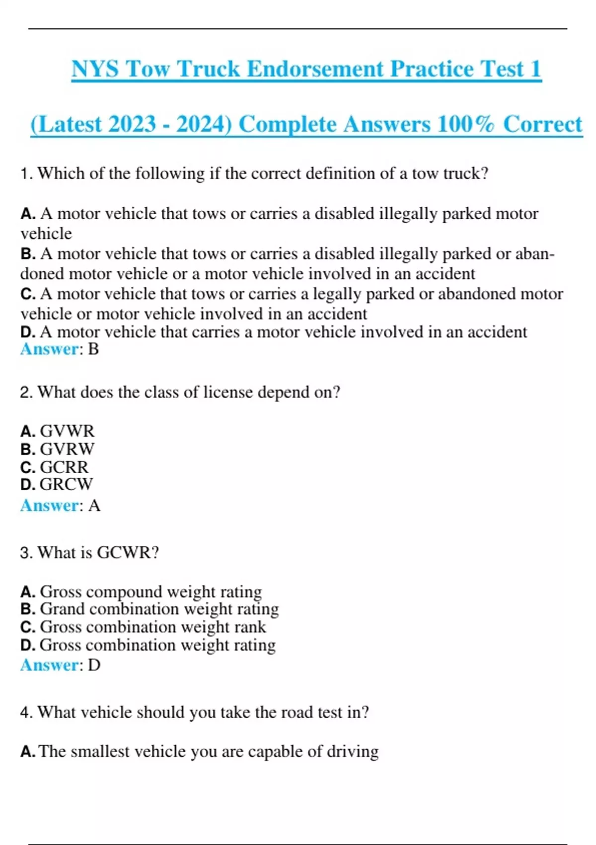 NYS Tow Truck Endorsement Practice Test 1- 7 BUNDLE TESTS Brand NEW ...