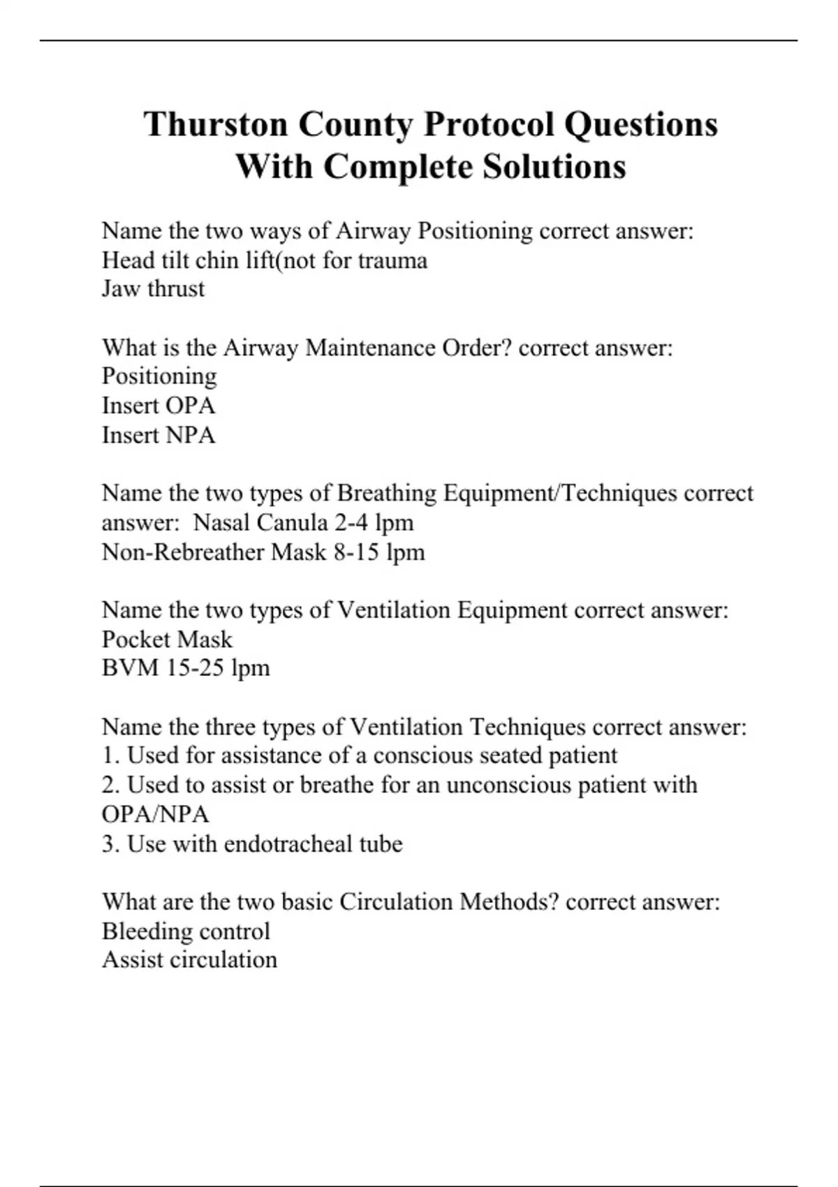 Thurston County Protocol Questions With Complete Solutions - Thurston ...