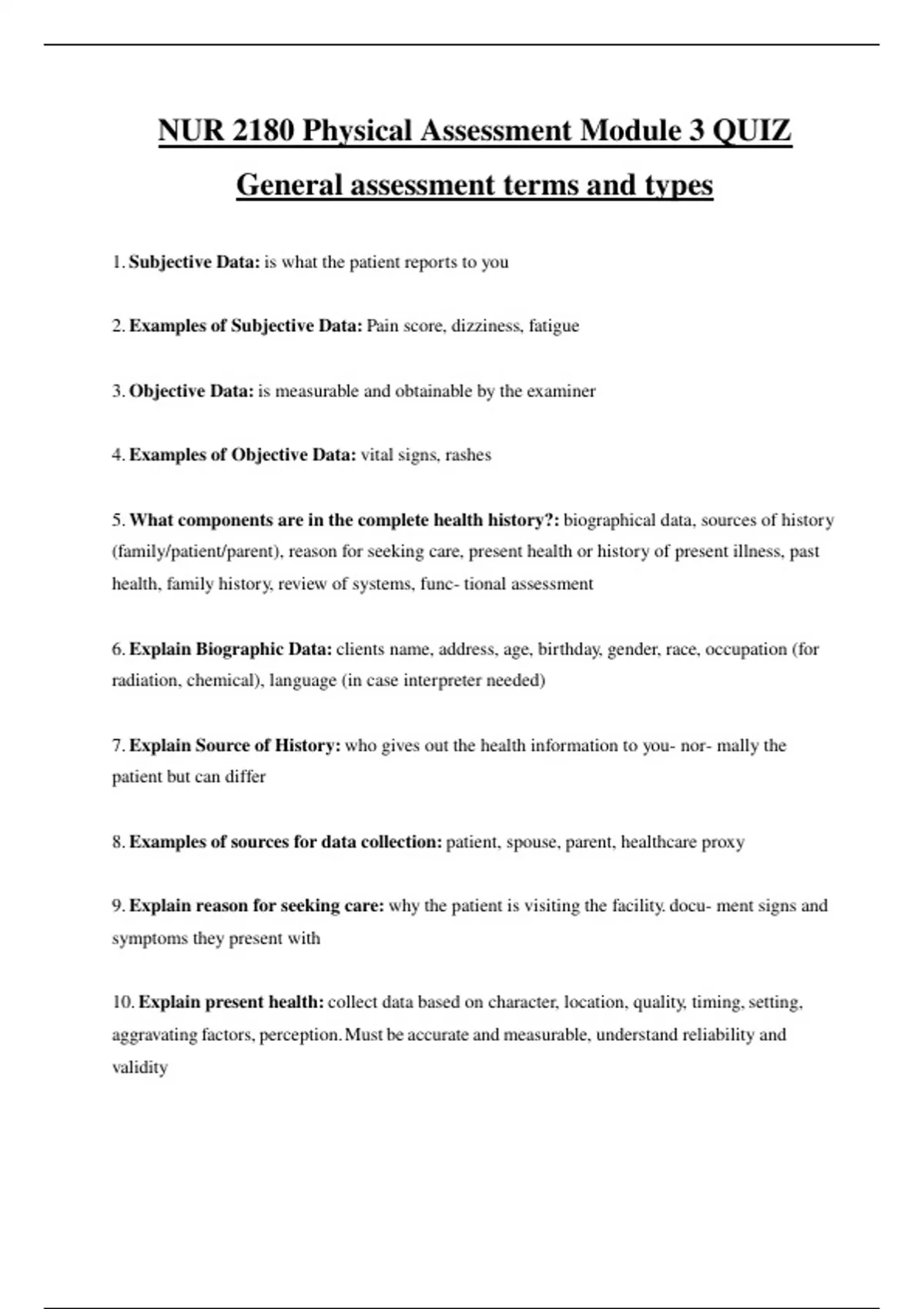 NUR 2180 Physical Assessment Module 3 QUIZ General assessment terms and ...