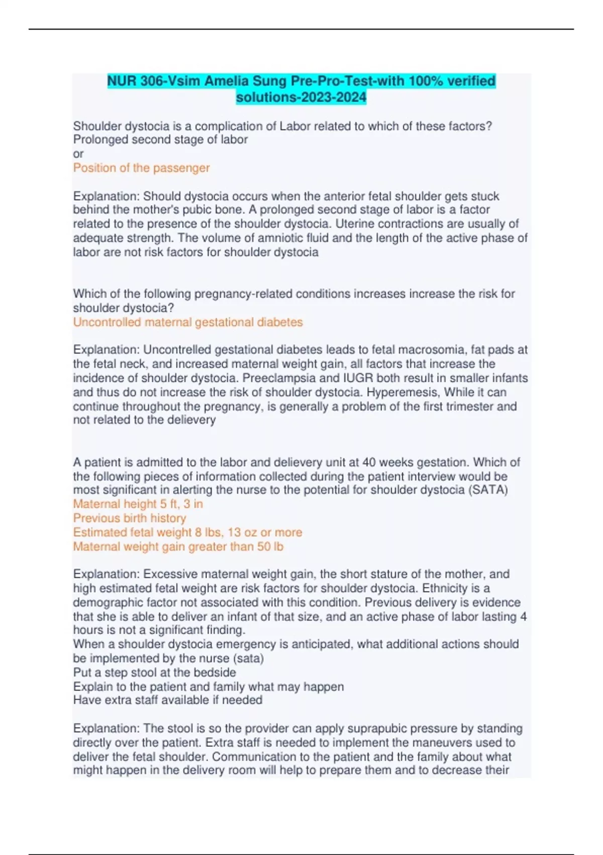 NUR 306-Vsim Amelia Sung Pre-Pro-Test-with 100% verified solutions ...