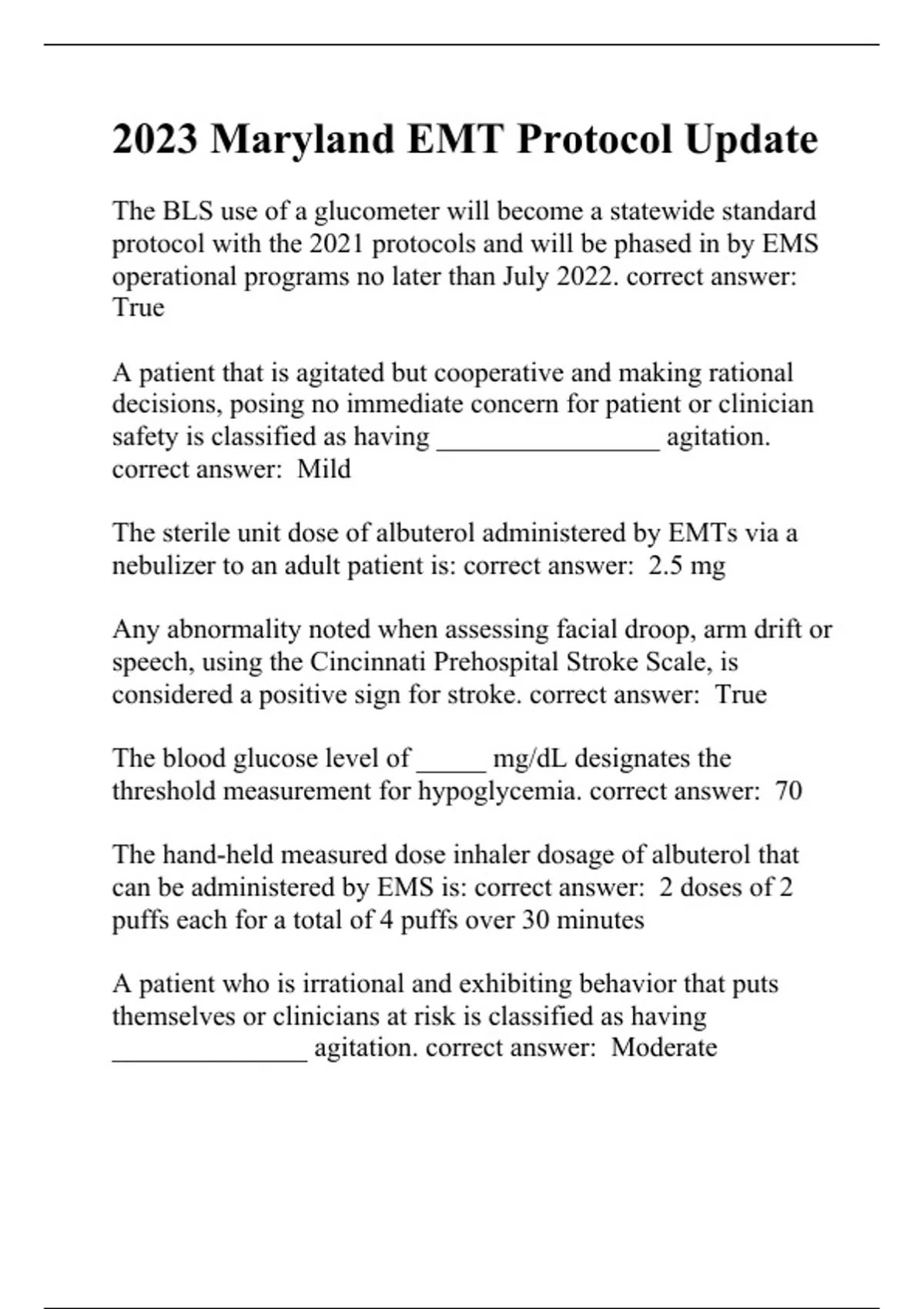 2023 Maryland EMT Protocol Update Questions With Complete Solutions ...