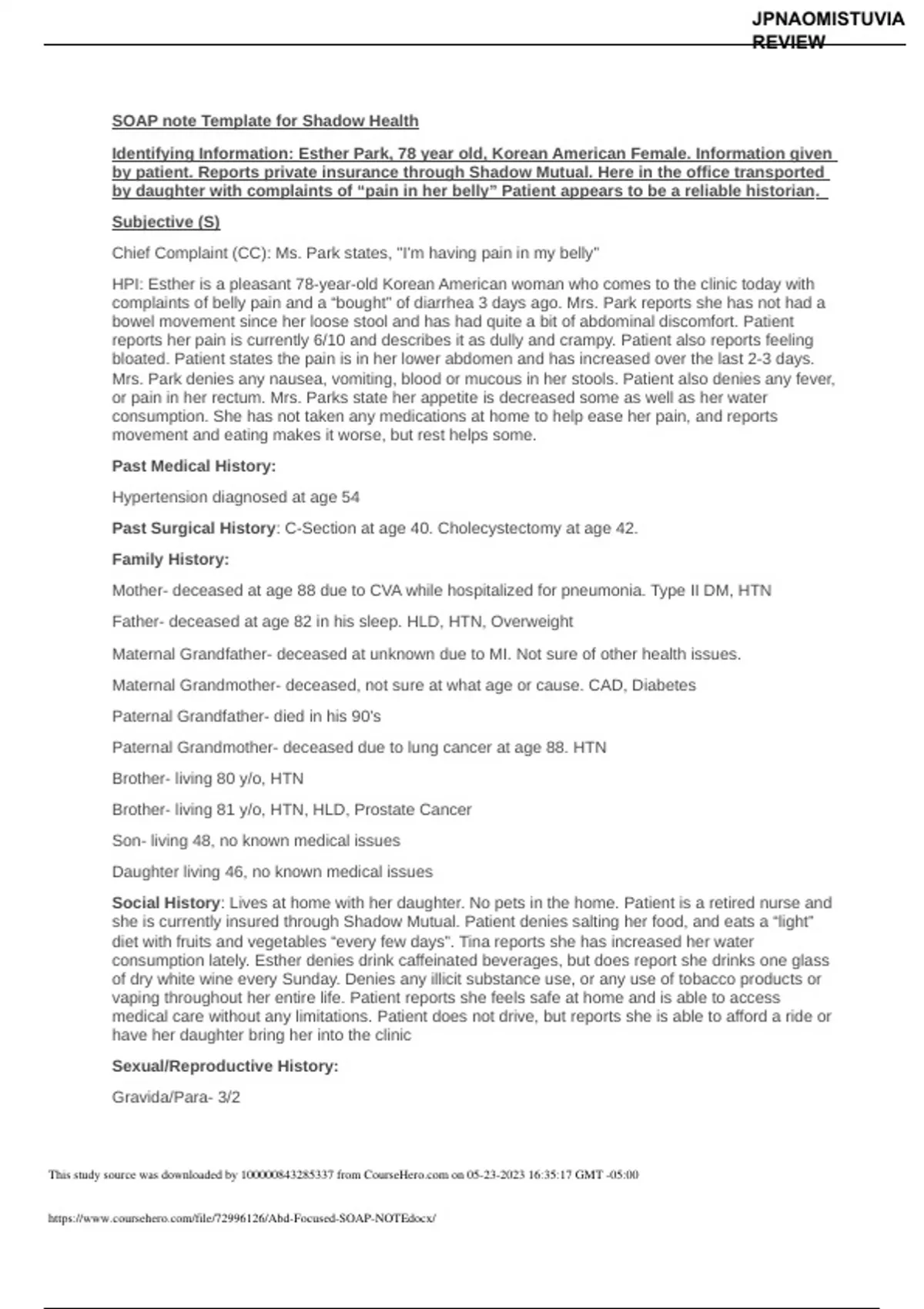 SOAP note Template for Shadow Health - NUR 494 - Stuvia US