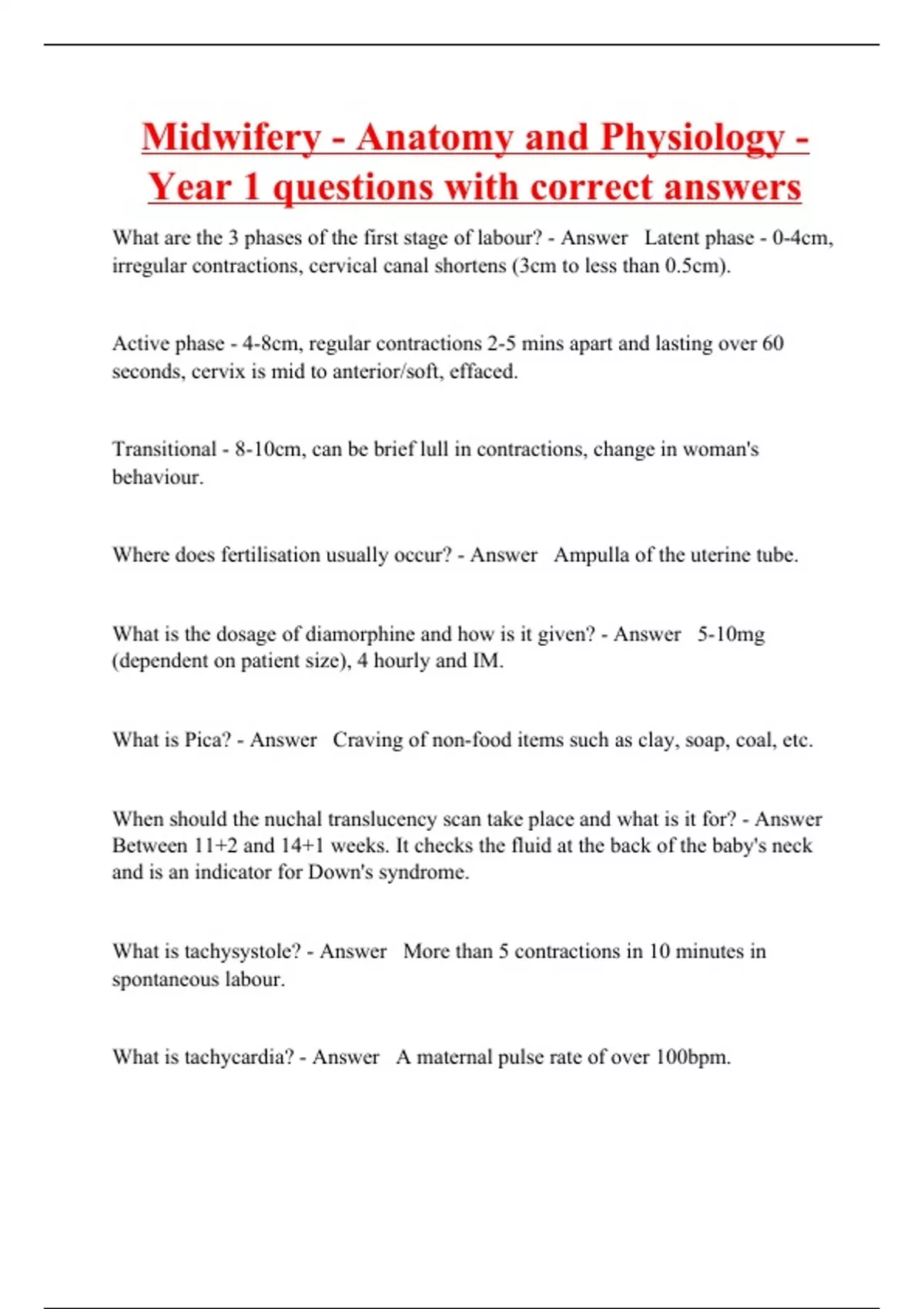 Midwifery - Anatomy and Physiology - Year 1 questions with correct ...