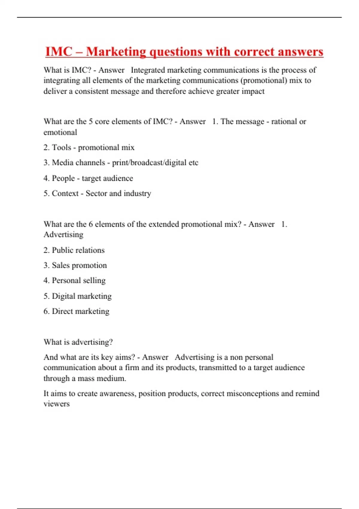 IMC – Marketing questions with correct answers - IMC - Stuvia US