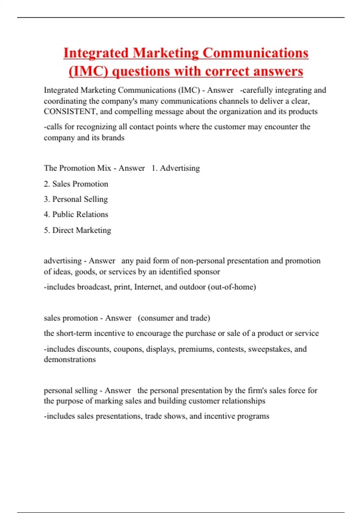 Integrated Marketing Communications (IMC) questions with correct ...