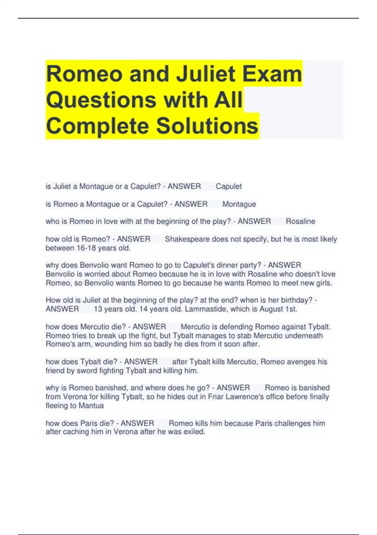 Romeo and Juliet Exam Questions with All Complete Solutions - Romeo and Juliet - Stuvia US