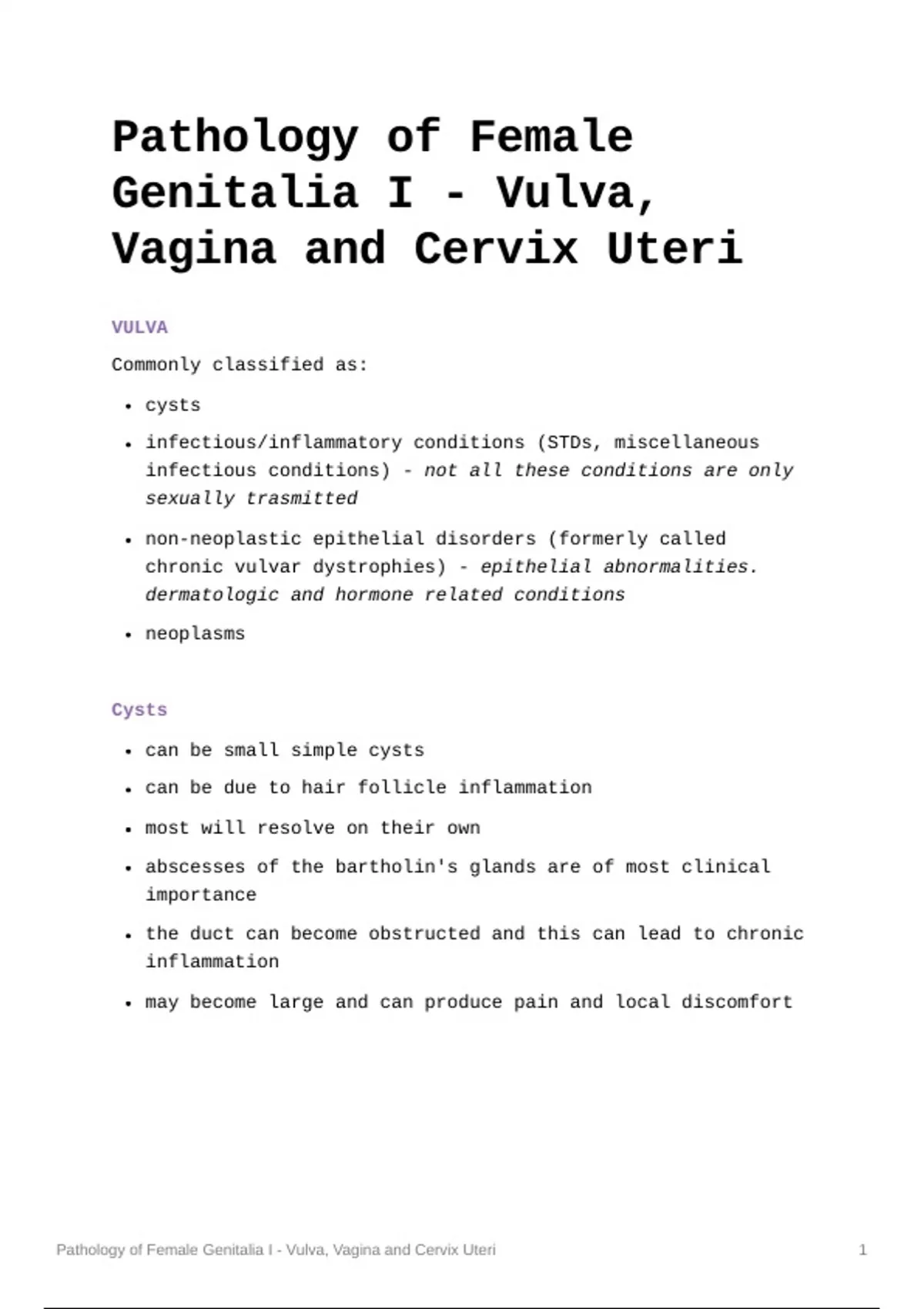 Summary Pathology of Vagina, Vulva and Cervix - Obstetrics and Gynaecology - Stuvia US