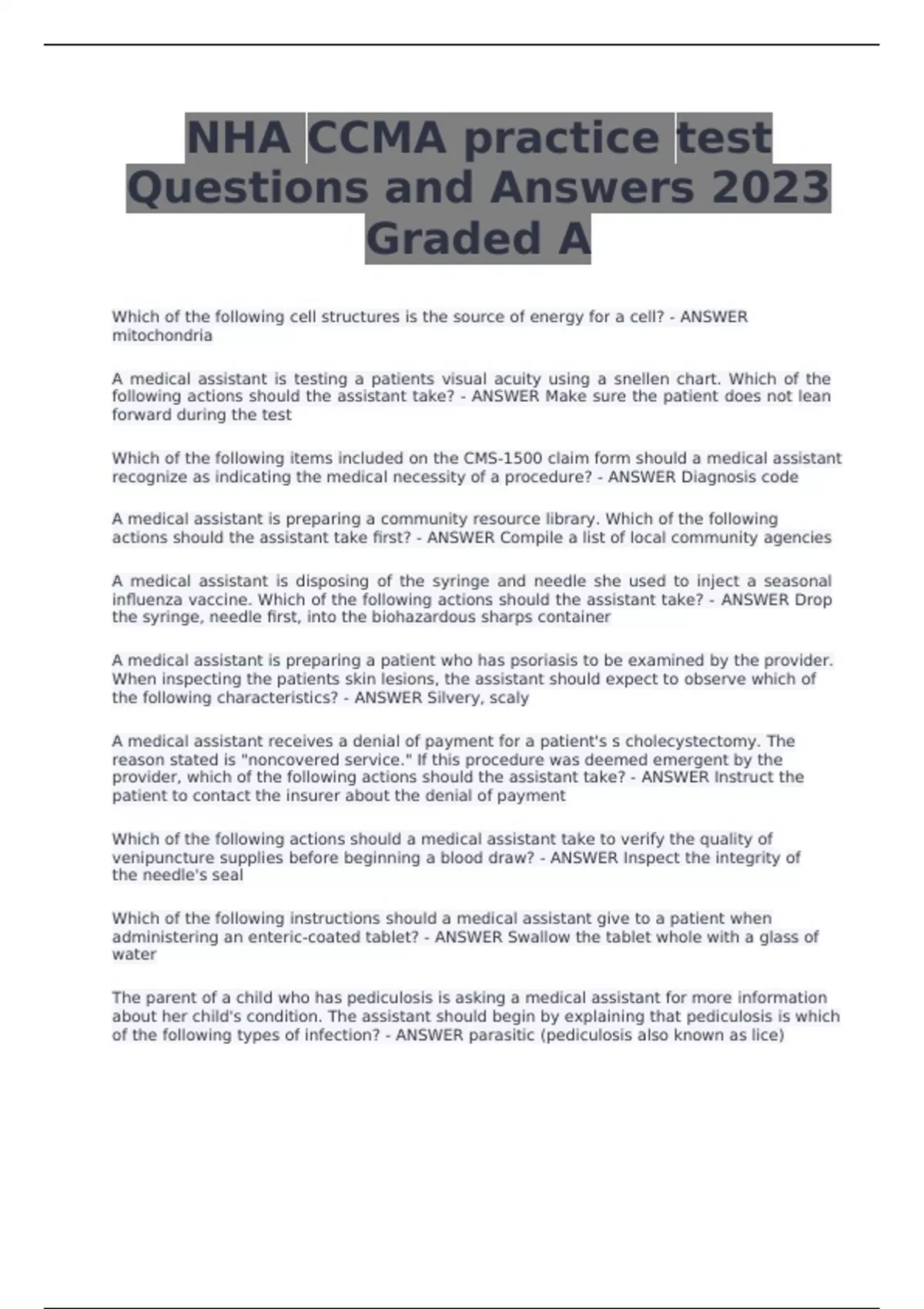 NHA CCMA practice test Questions and Answers 2023 Graded A - NHA CCMA ...