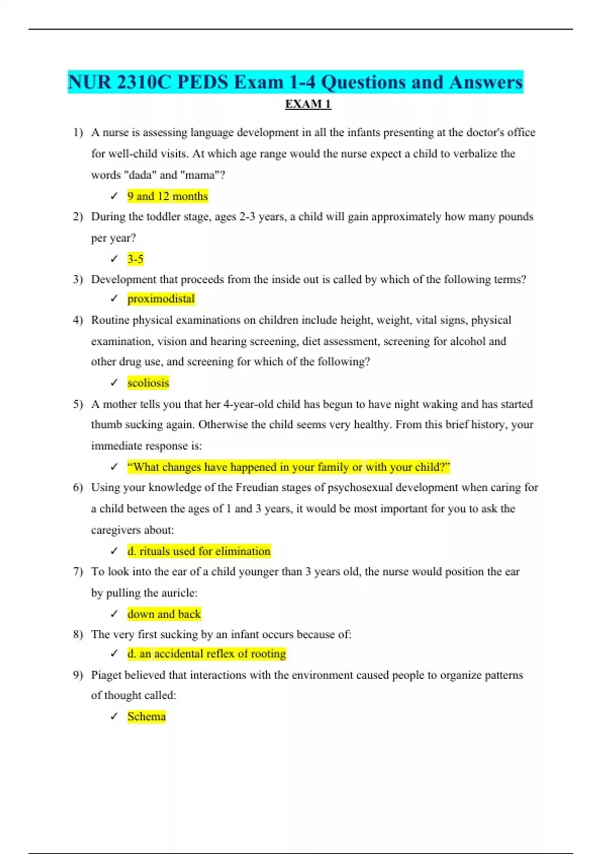 NUR 2310C PEDS Exam 1-4 Questions and Answers - NUR 2310C PEDS - Stuvia US