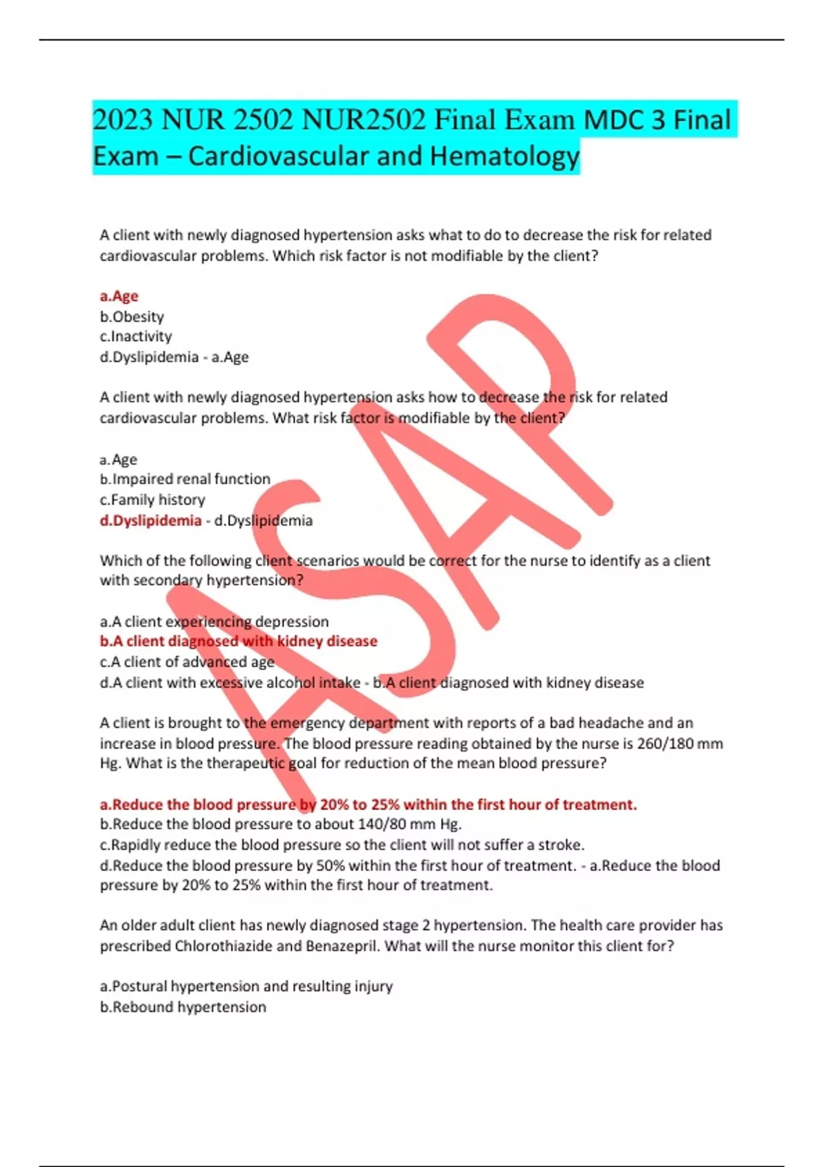 2023 NUR 2502 NUR2502 Final Exam MDC 3 Final Exam – Cardiovascular and ...