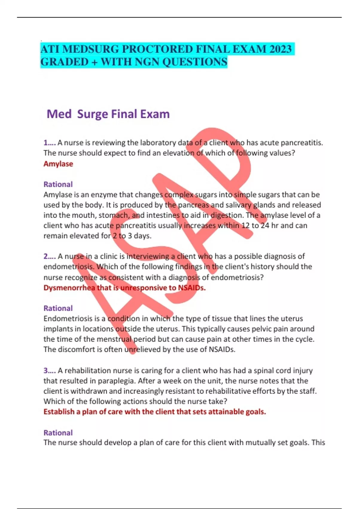 ATI MEDSURG PROCTORED FINAL EXAM 2023 GRADED + WITH NGN QUESTIONS - ATI ...