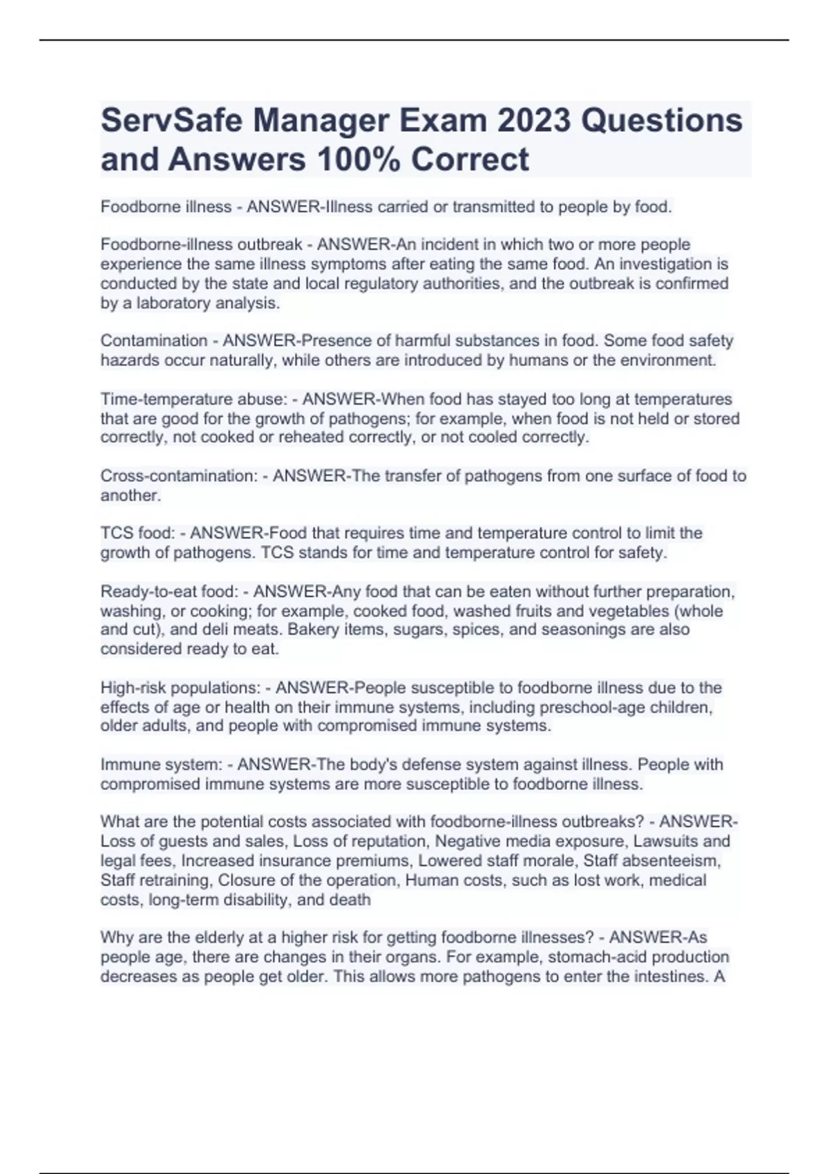 ServSafe Manager Exam 2023 Questions and Answers 100% Correct - ServSafe Manager - Stuvia US