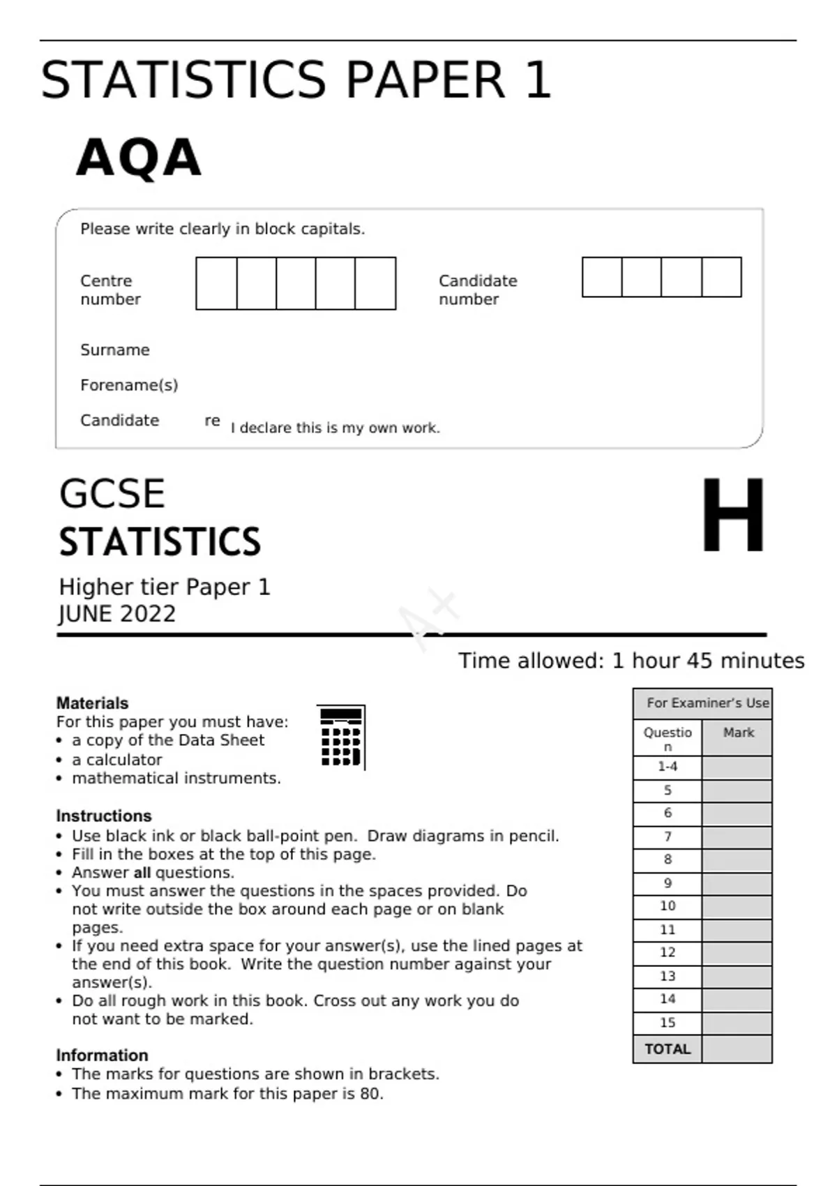 AQA JUNE 2022 GCSE STATISTICS Higher tier Paper 1 FINAL QUESTION PAPER ...