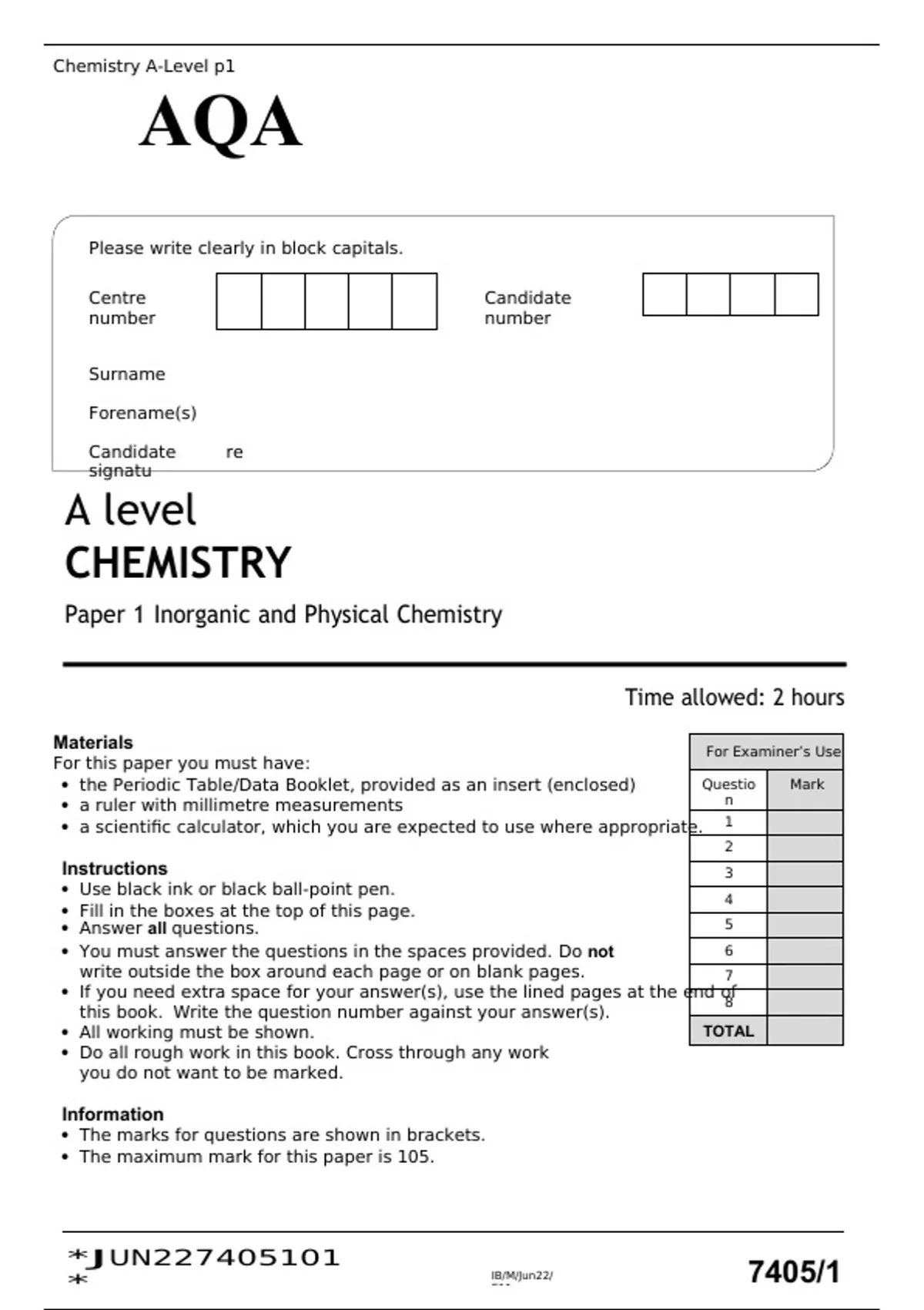 AQA A level CHEMISTRY Paper 1 JUNE 2022 QUESTION PAPER Inorganic and ...