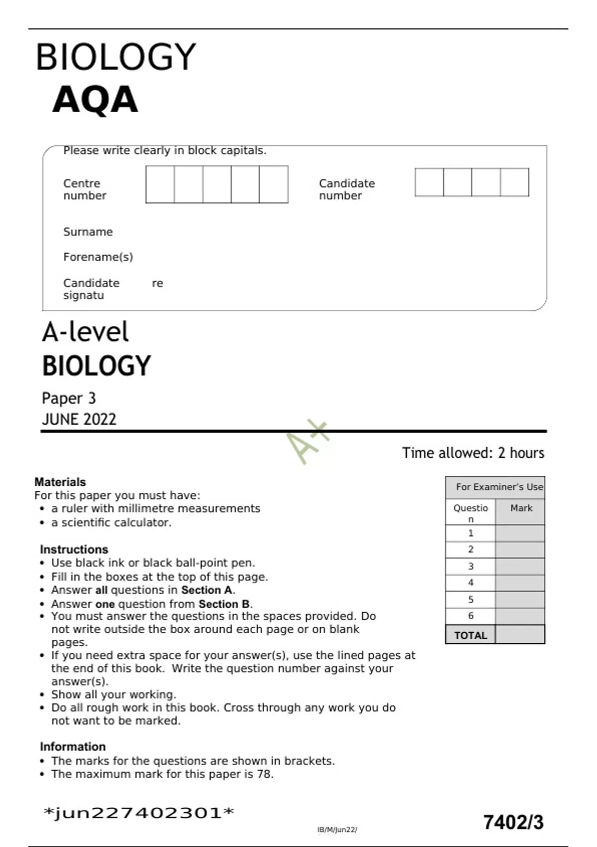 AQA JUNE 2022 A-level BIOLOGY Paper 3 FINAL QUESTION PAPER - A-level ...