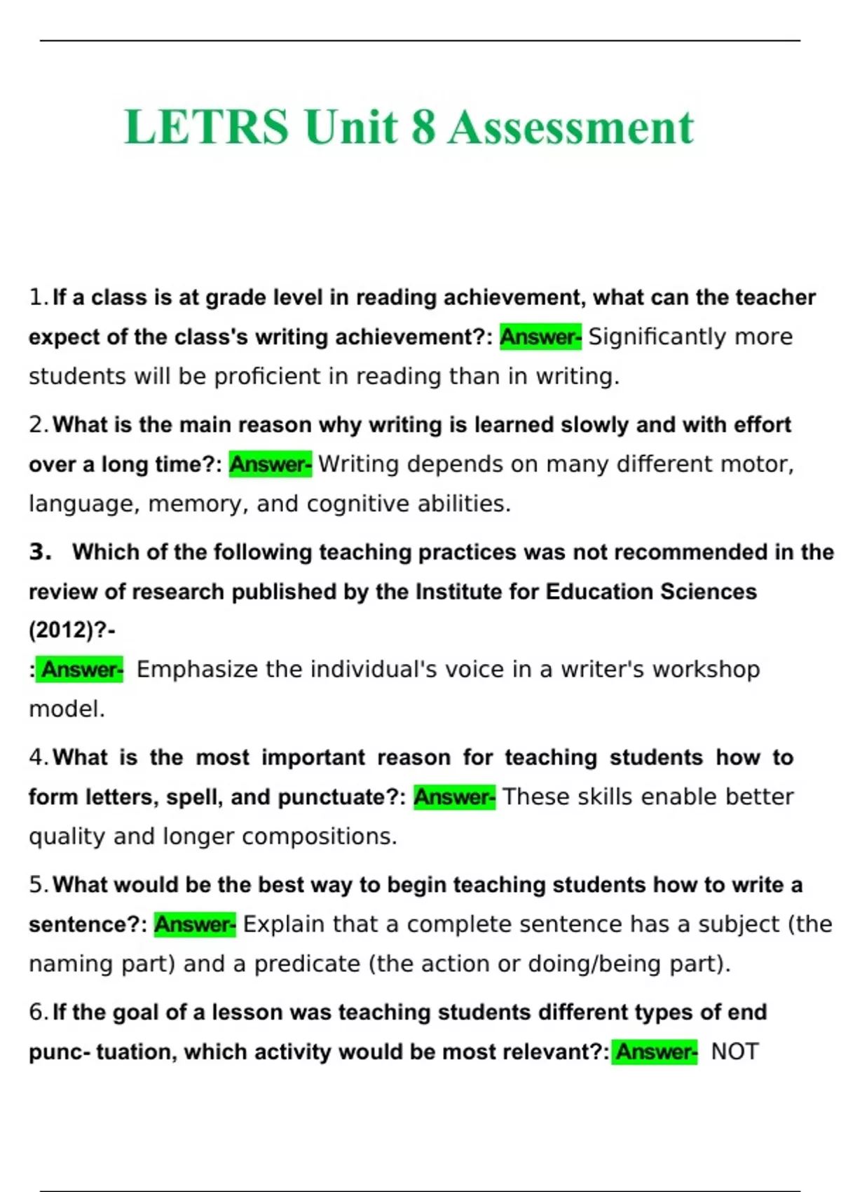 LETRS Unit 8 Assessment Questions and Answers (2022/2023) (Verified ...