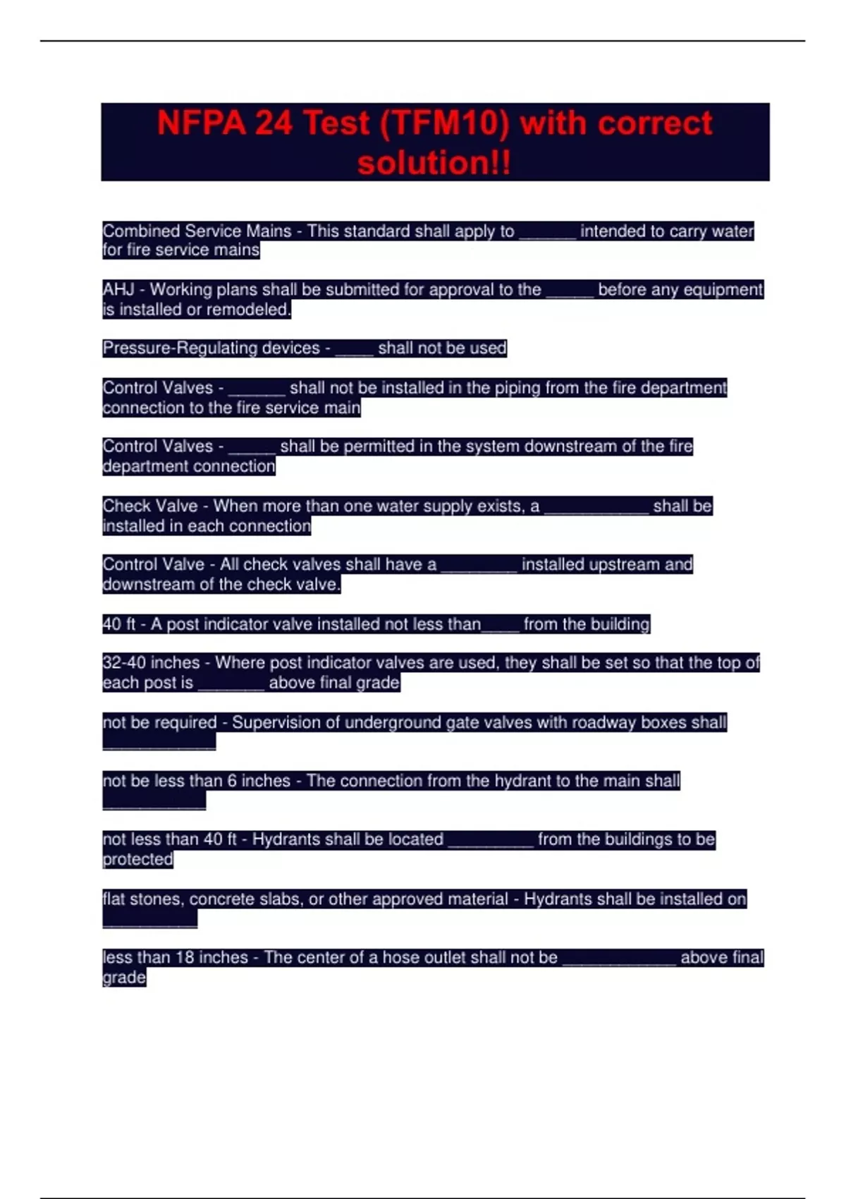NFPA 24 Test (TFM10) with correct solution!! - NFPA 24 - Stuvia US
