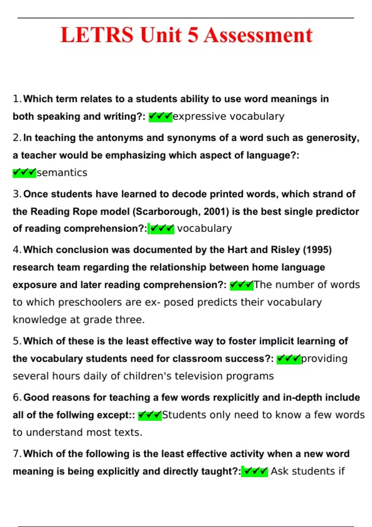 LETRS Unit 5 Assessment Questions and Answers (2022/2023) (Verified ...