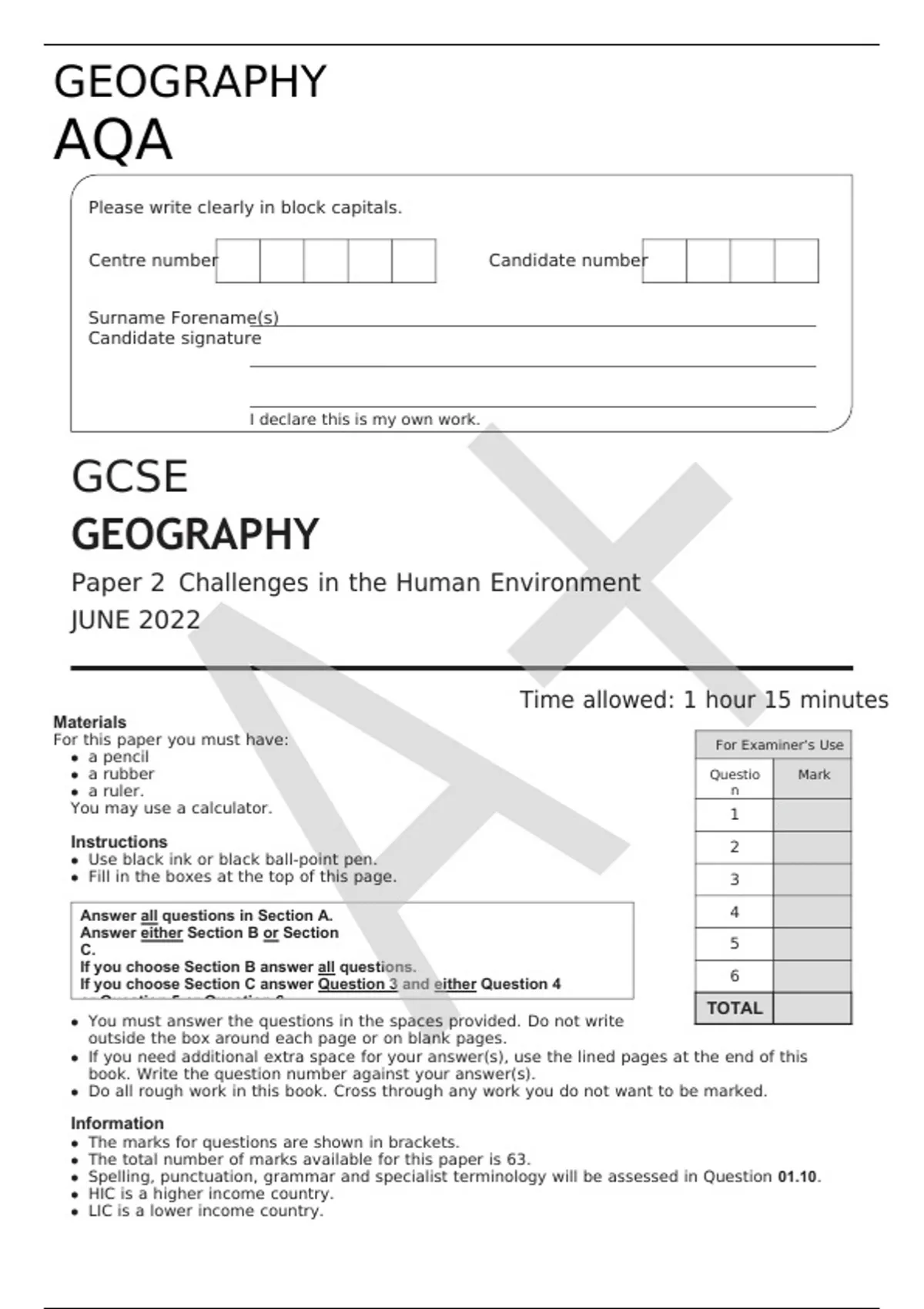 AQA JUNE 2022 GCSE GEOGRAPHY Paper 2 FINAL QUESTION PAPER Challenges in ...
