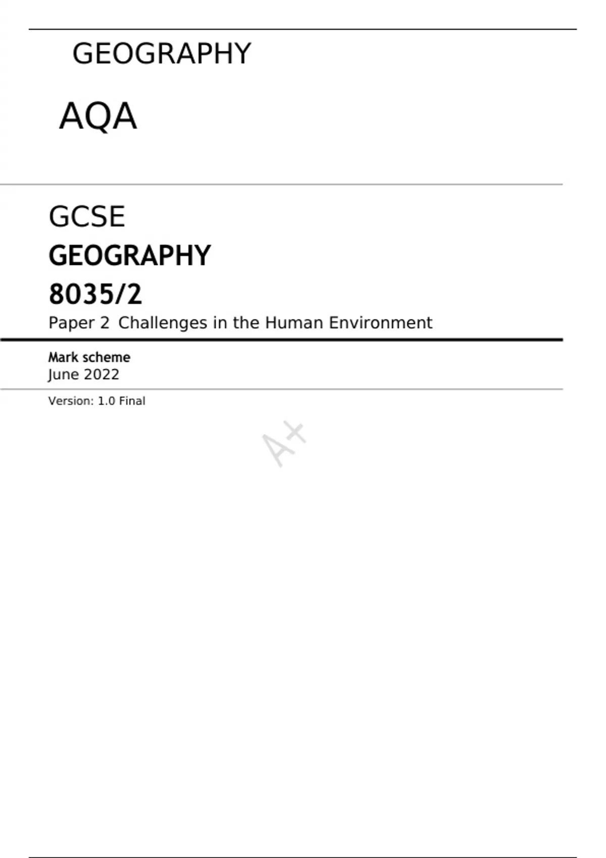 AQA JUNE 2022 GCSE GEOGRAPHY 8035/2 Paper 2 FINAL MARK SCHEME ...