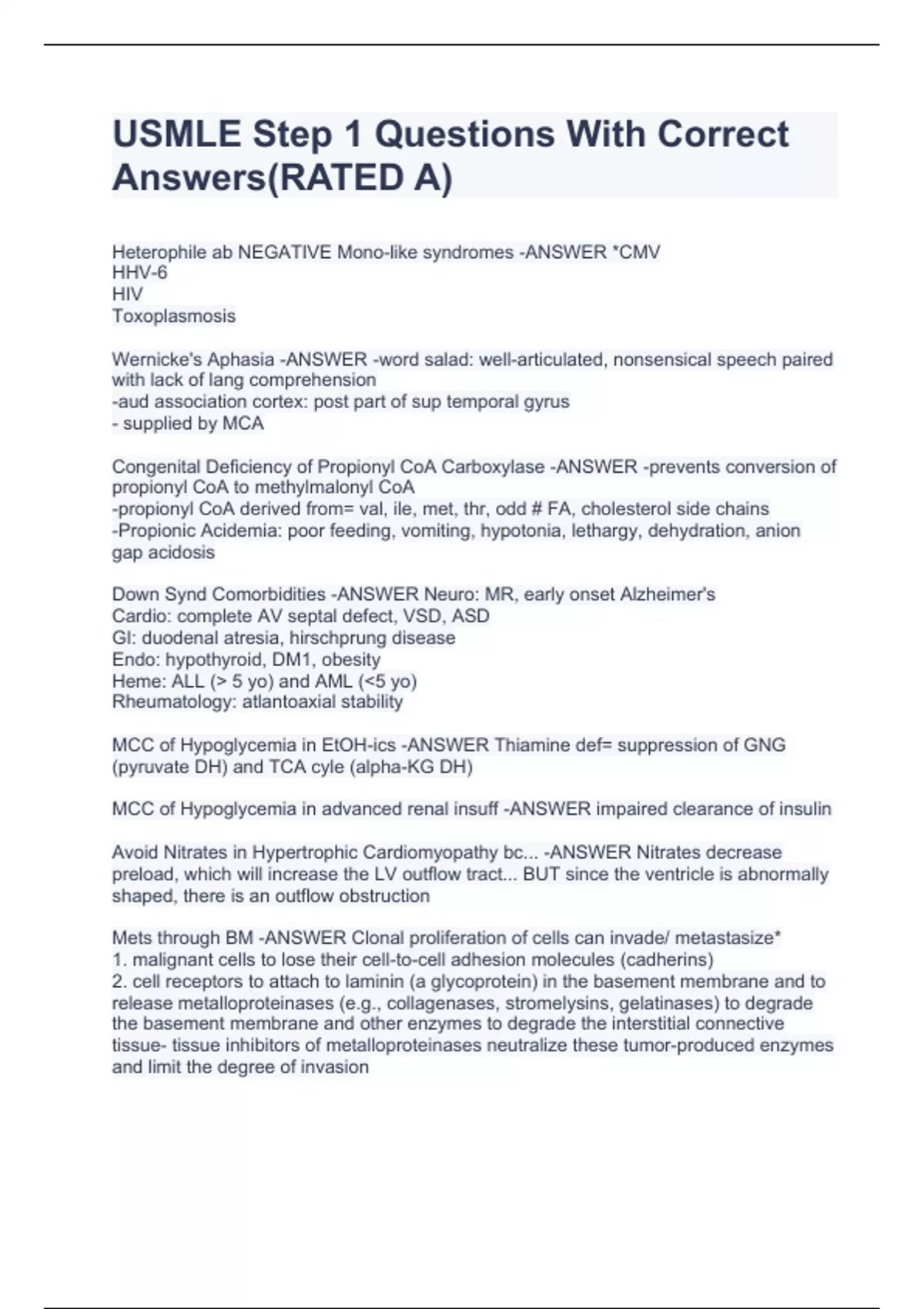 USMLE Step 1 Questions With Correct Answers(RATED A) - USMLE - Stuvia US