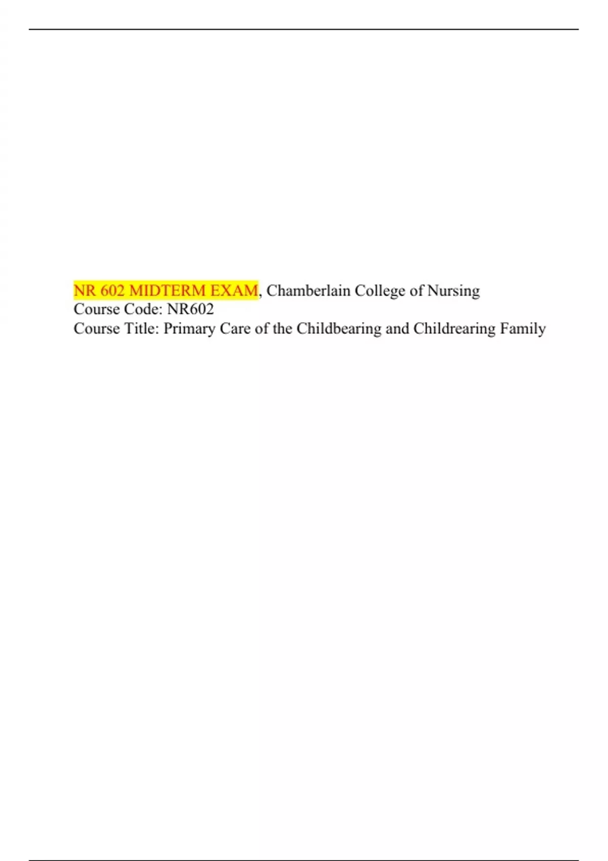 NR 602 Midterm Exam (Version 1), NR 602 -Primary Care of the ...