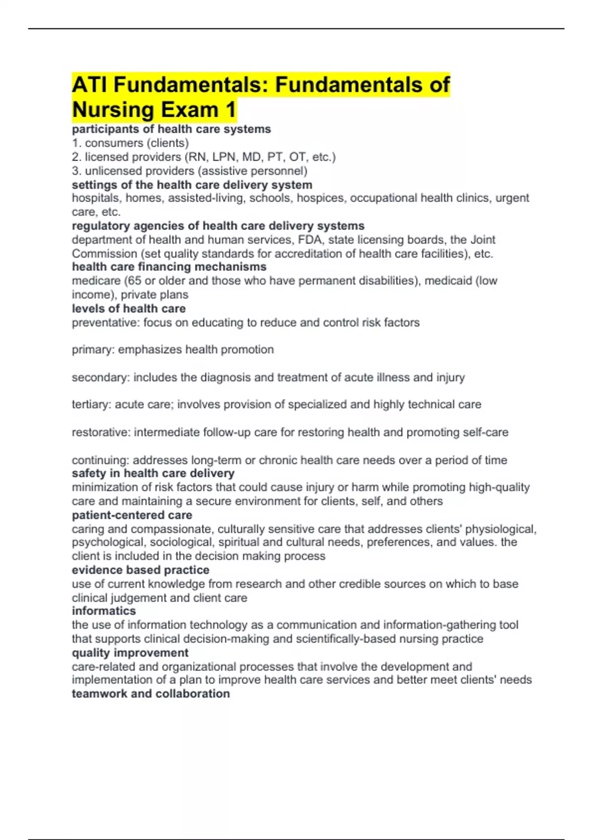 ATI Fundamentals: Fundamentals of Nursing Exam 1 - ATI Fundamentals ...