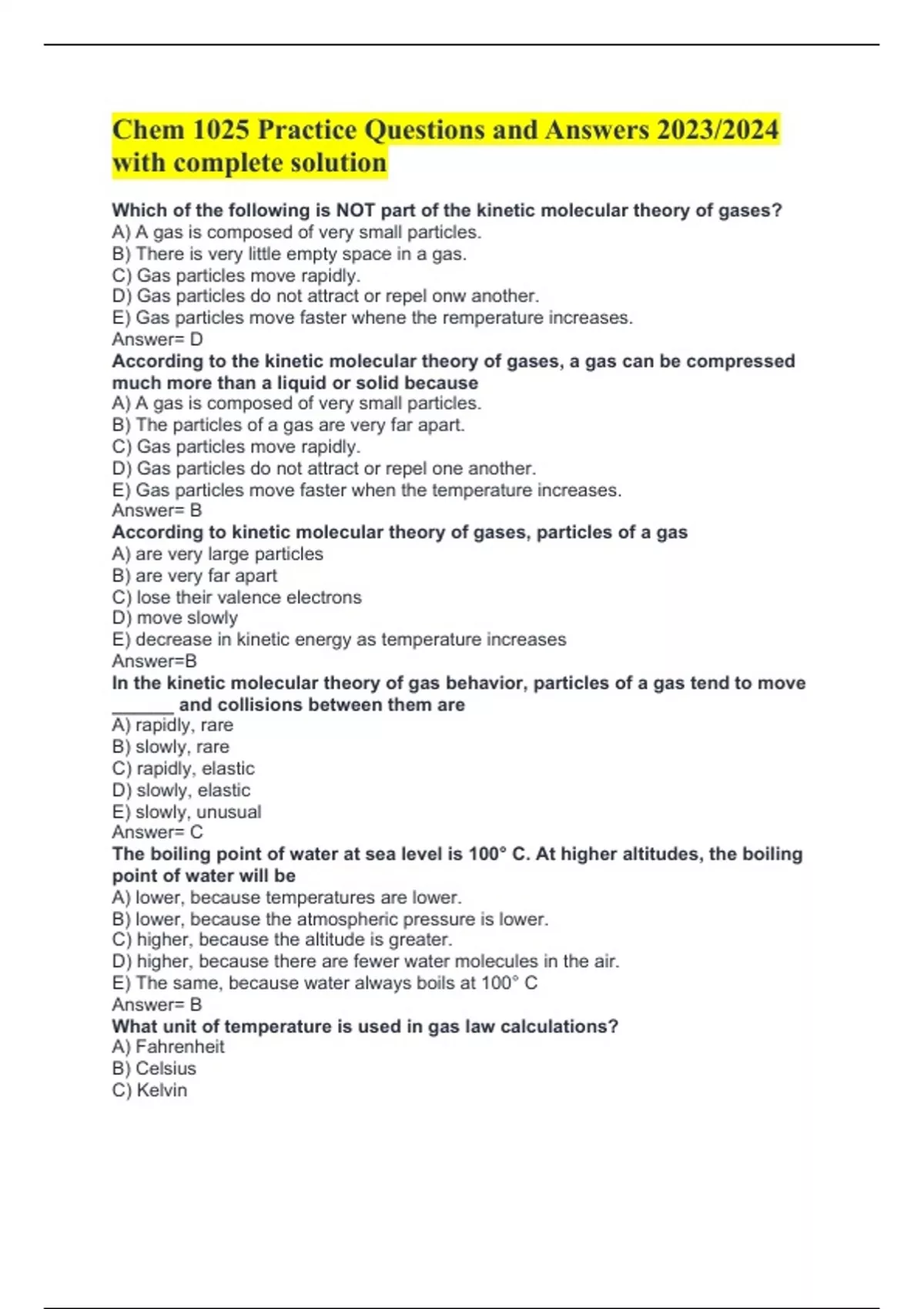 Chem 1025 Practice Questions and Answers 2023/2024 with complete solution - Chem 1025 - Stuvia US