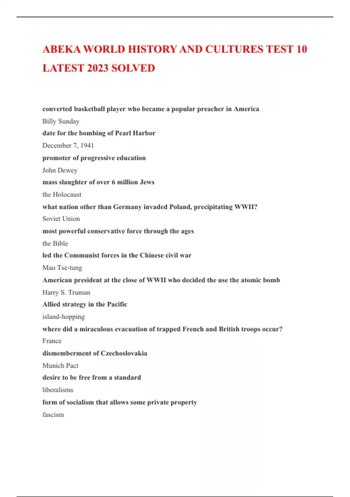 ABEKA WORLD HISTORY AND CULTURES TEST 10 LATEST 2023 SOLVED. The Best ...