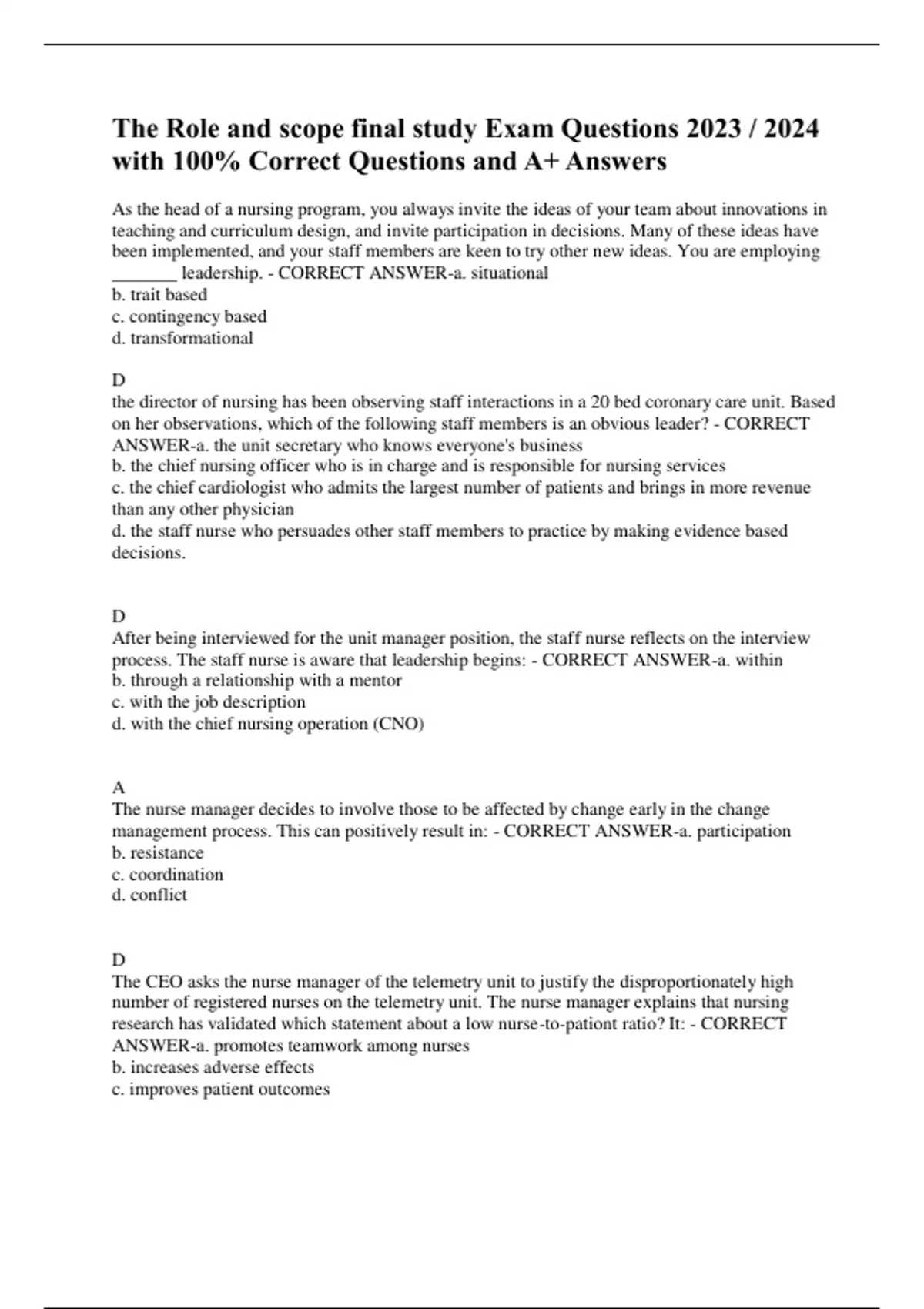 The Role and scope final study Exam Questions 2023 / 2024 with 100% ...