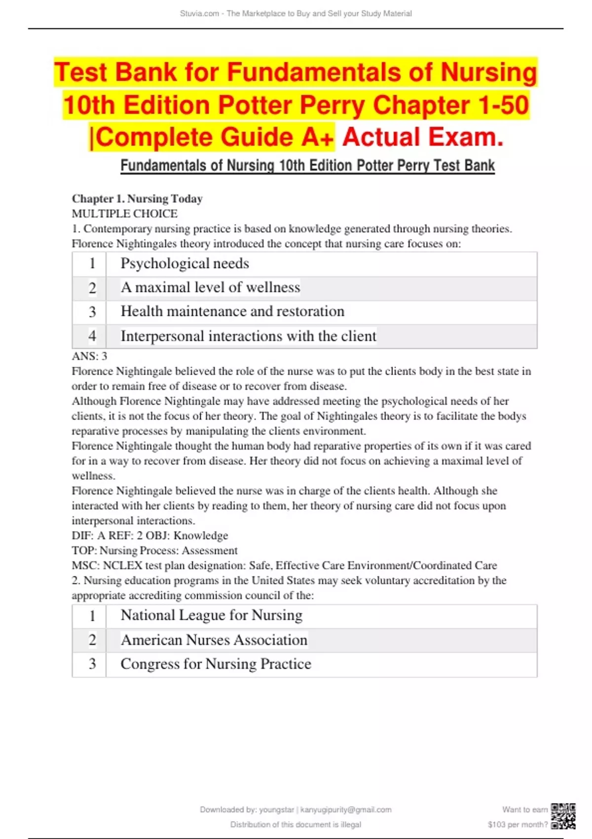 Test Bank for Fundamentals of Nursing 10th Edition Potter Perry Chapter ...