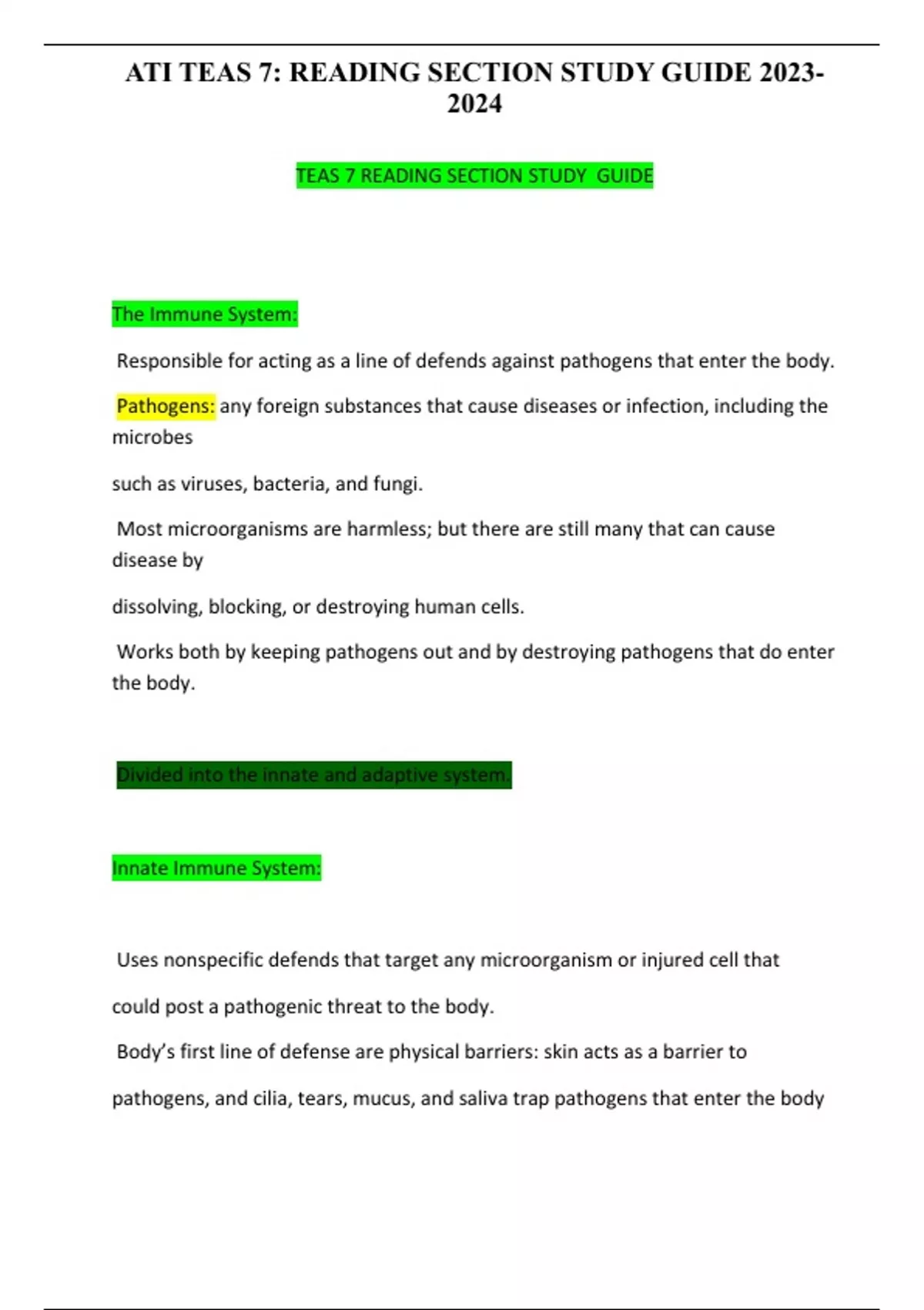 ATI TEAS 7 READING SECTION STUDY GUIDE - ATI TEAS 7 - Stuvia US