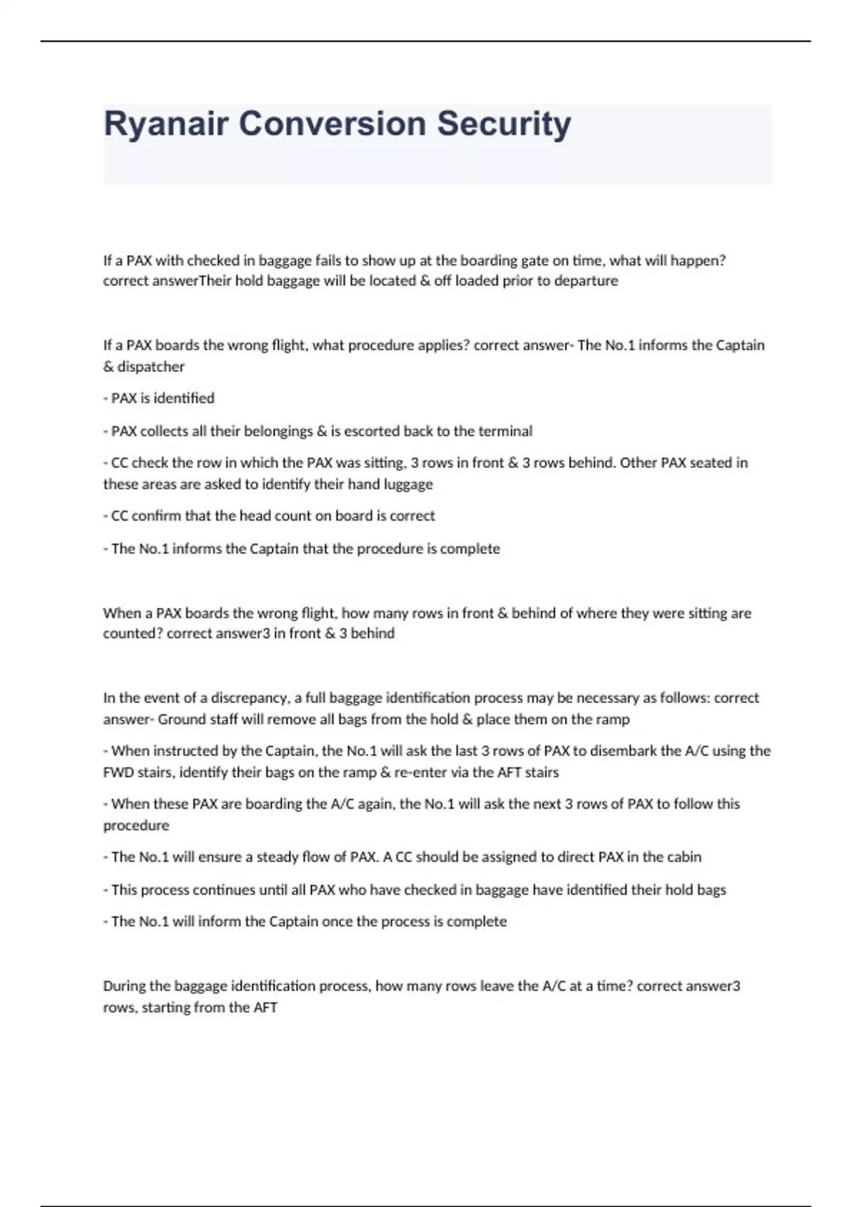 Ryanair Conversion Security exam 2023 with 100% correct answers - Ryanair Security - Stuvia US