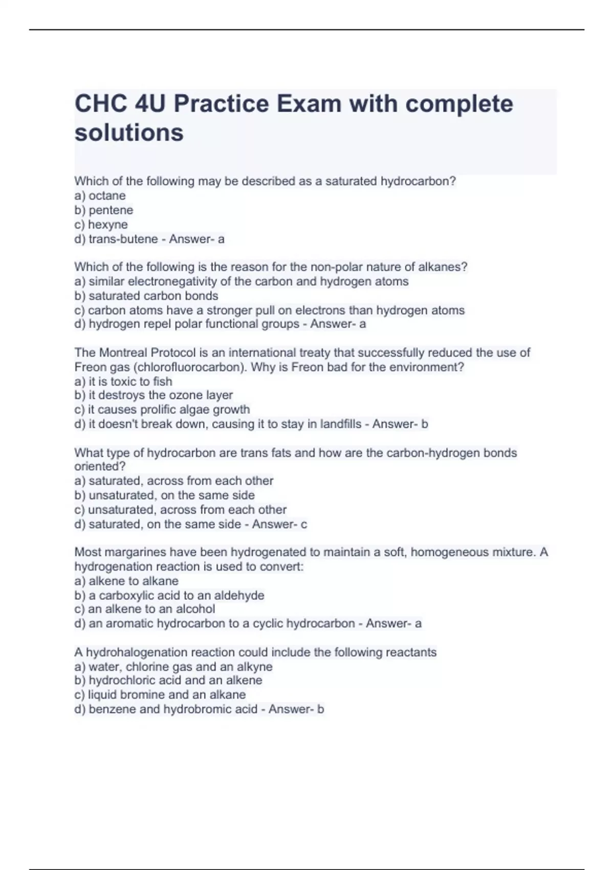 CHC 4U Practice Exam with complete solutions - CHC - Stuvia US