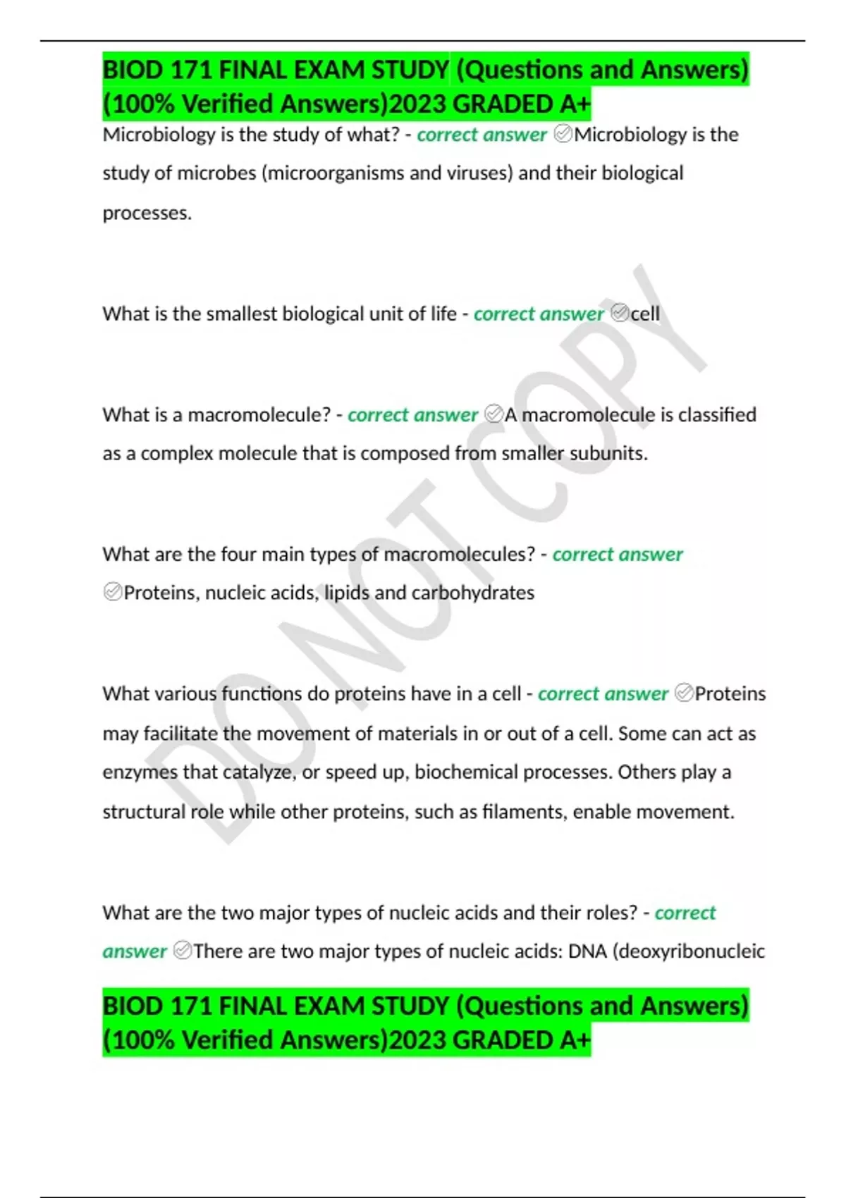 BIOD 171 FINAL EXAM STUDY (Questions and Answers) (100% Verified Answers)2023 GRADED A+ - BIOD ...