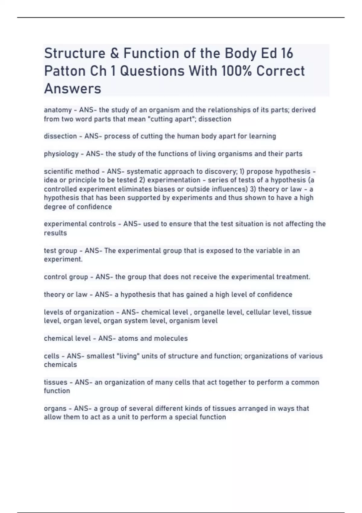Structure & Function of the Body Ed 16 Patton Ch 1 Questions With 100% ...