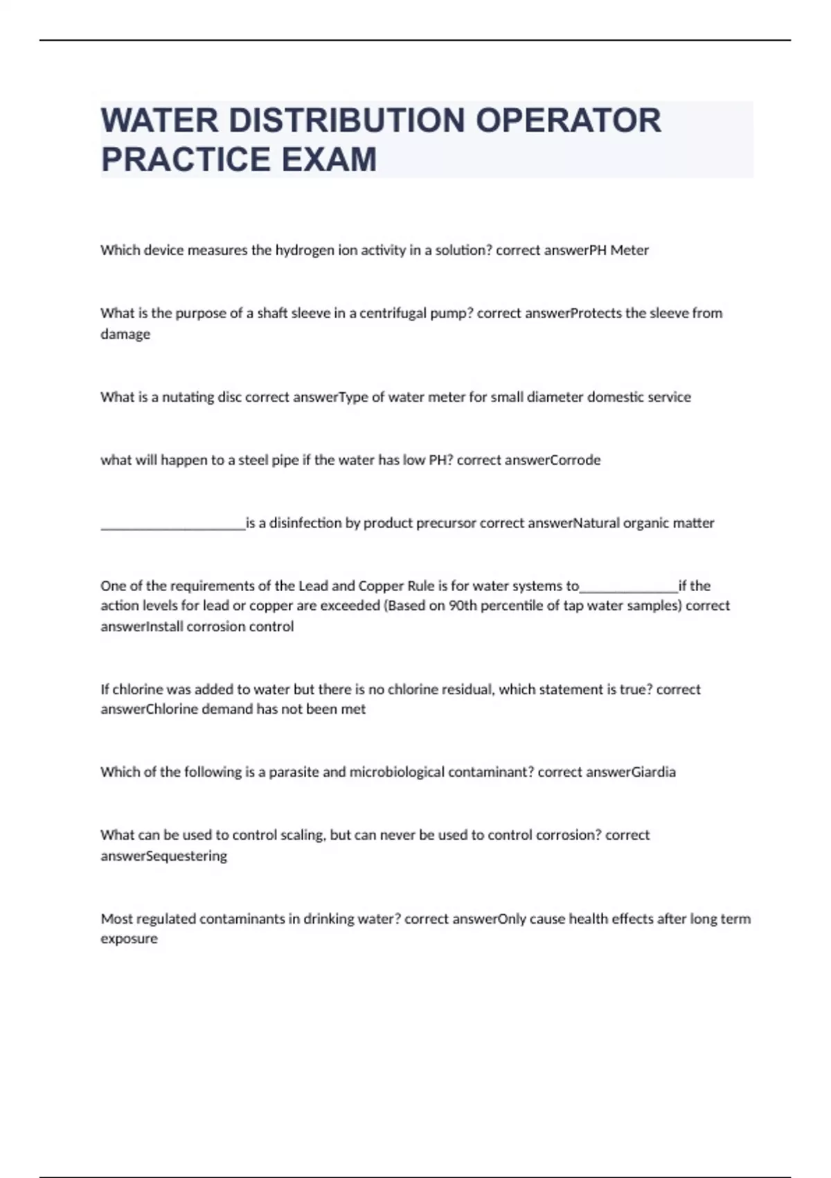 WATER DISTRIBUTION OPERATOR PRACTICE EXAM 2023 WITH 100% CORRECT ...