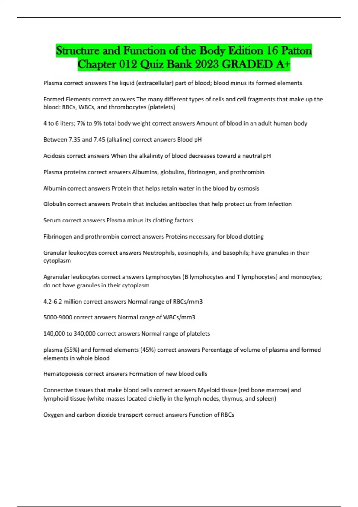 Structure and Function of the Body Edition 16 Patton Chapter 012 Quiz ...