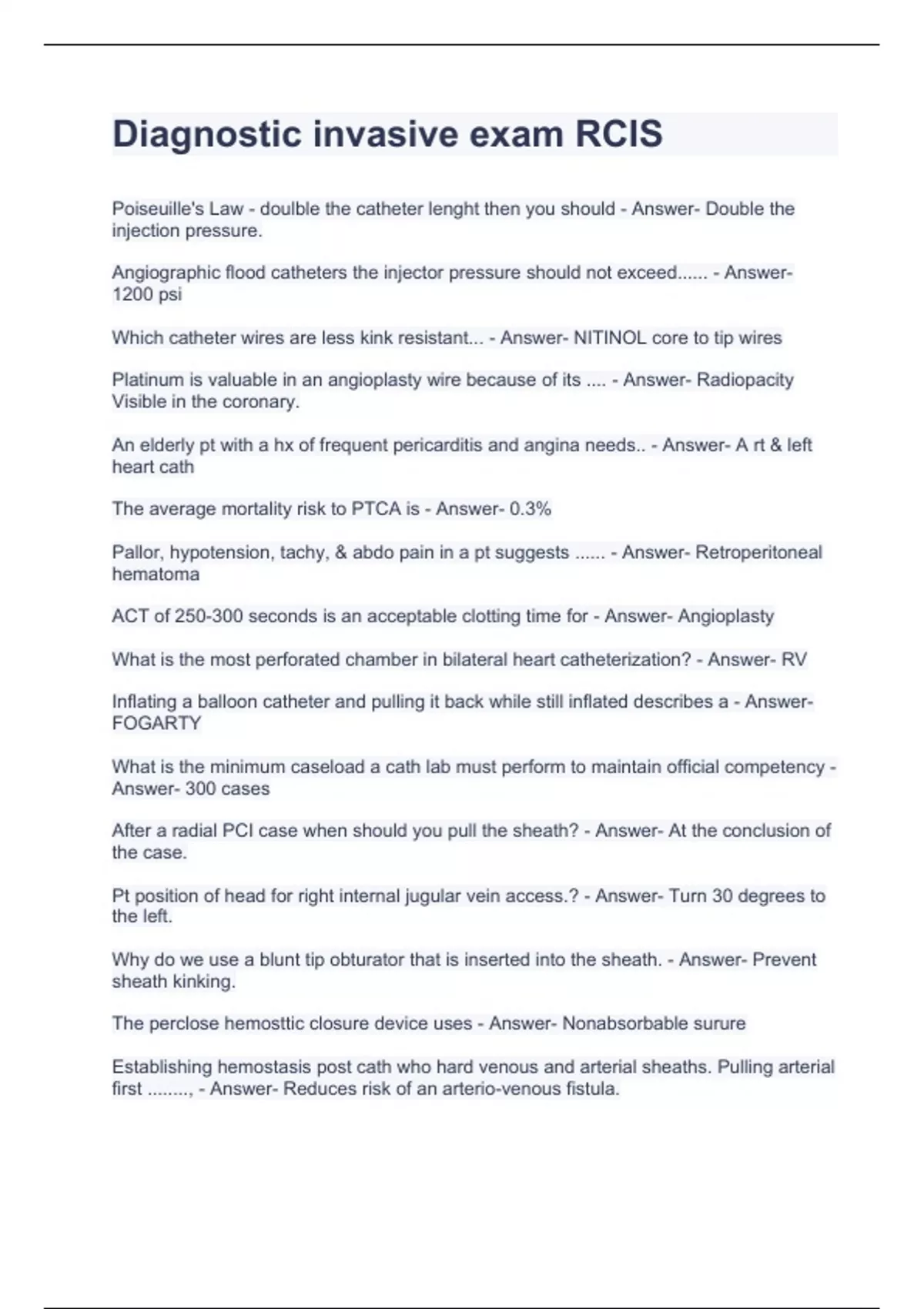 Diagnostic invasive exam RCIS - RCIS - Stuvia US