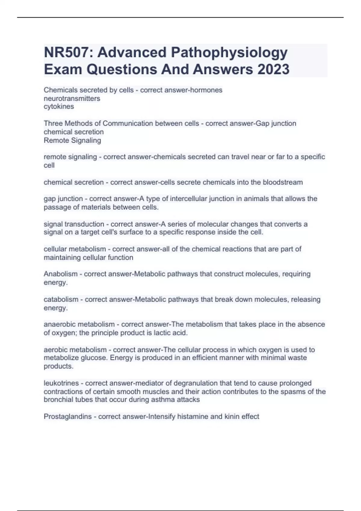 NR507: Advanced Pathophysiology Exam Questions And Answers 2023 - NR507 ...