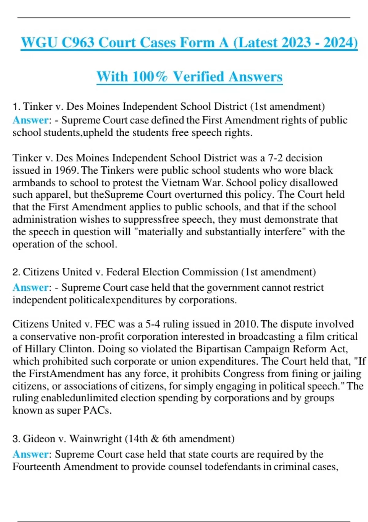 WGU C963 Court Cases Form A (Latest ) With 100% Verified Answers - WGU ...