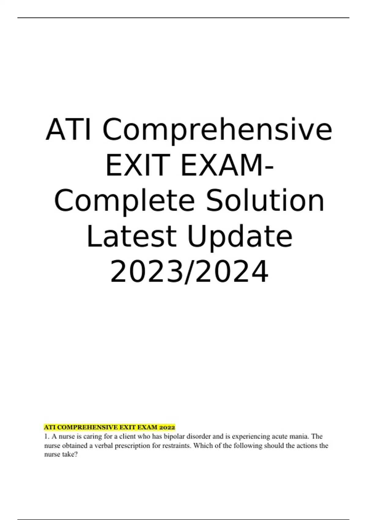 ATI Comprehensive EXIT EXAM-Complete Solution Latest Update 2023/2024 ...