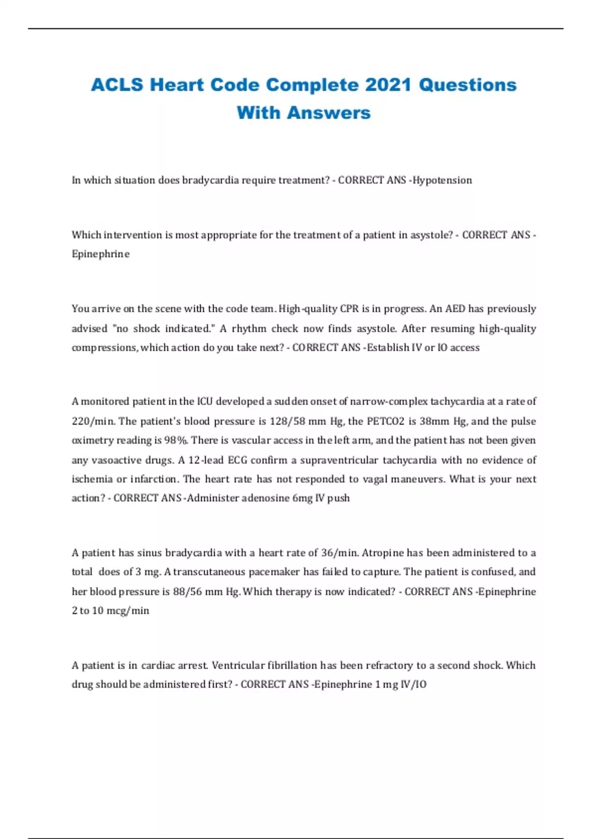ACLS Heart Code Complete 2021 Questions With Answers - AHA ACLS - Stuvia US