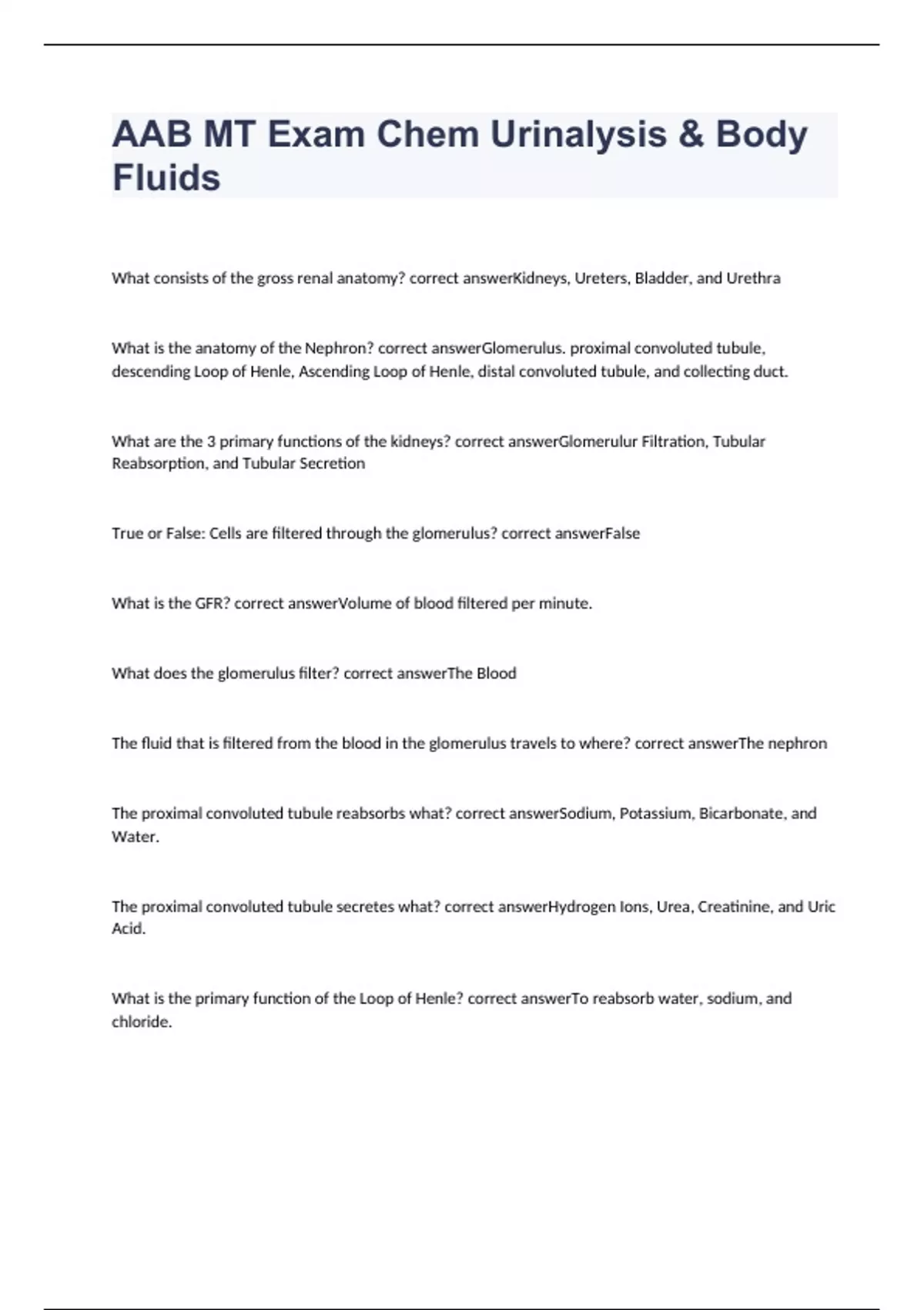 AAB MT Exam Chem Urinalysis & Body Fluids 2023 with all correct answers - AAB - Stuvia US