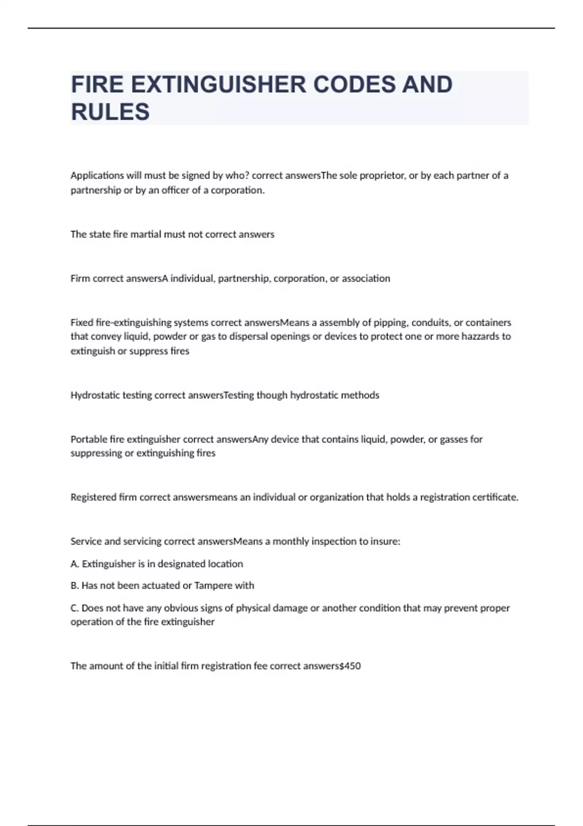 FIRE EXTINGUISHER CODES AND RULES EXAM 2023 WITH 100% COMPLETE ...