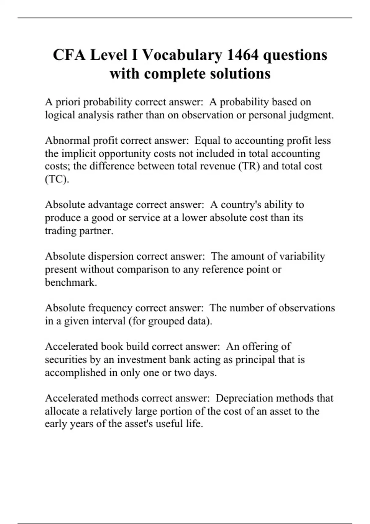 CFA Level I Vocabulary 1464 questions with complete solutions - CFA ...