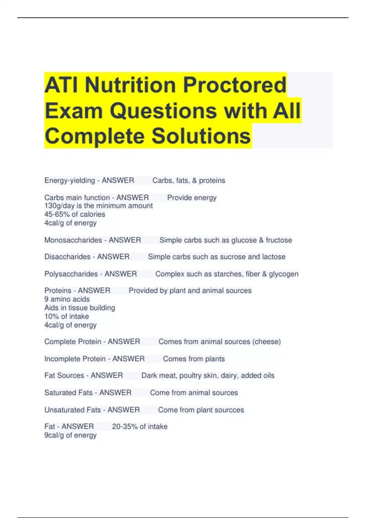 ATI Nutrition Proctored Exam Questions with All Complete Solutions ...